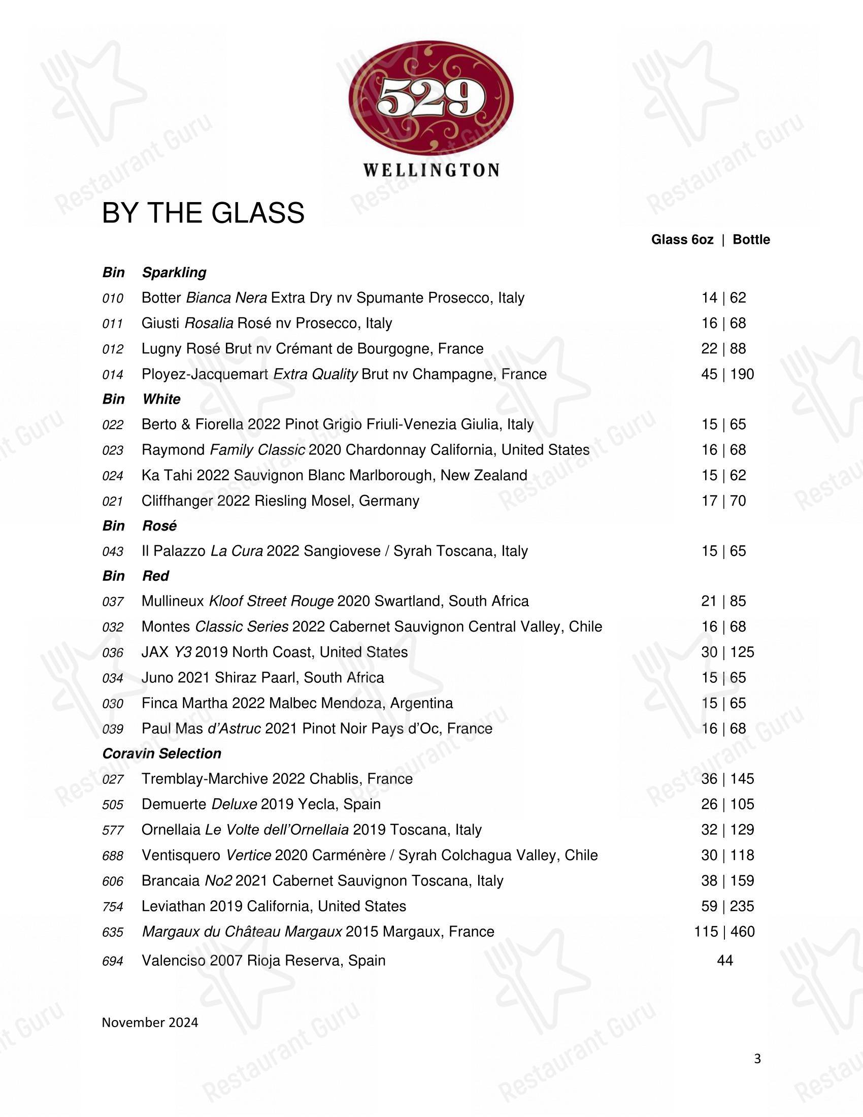 Menu at 529 Wellington Steakhouse, Winnipeg