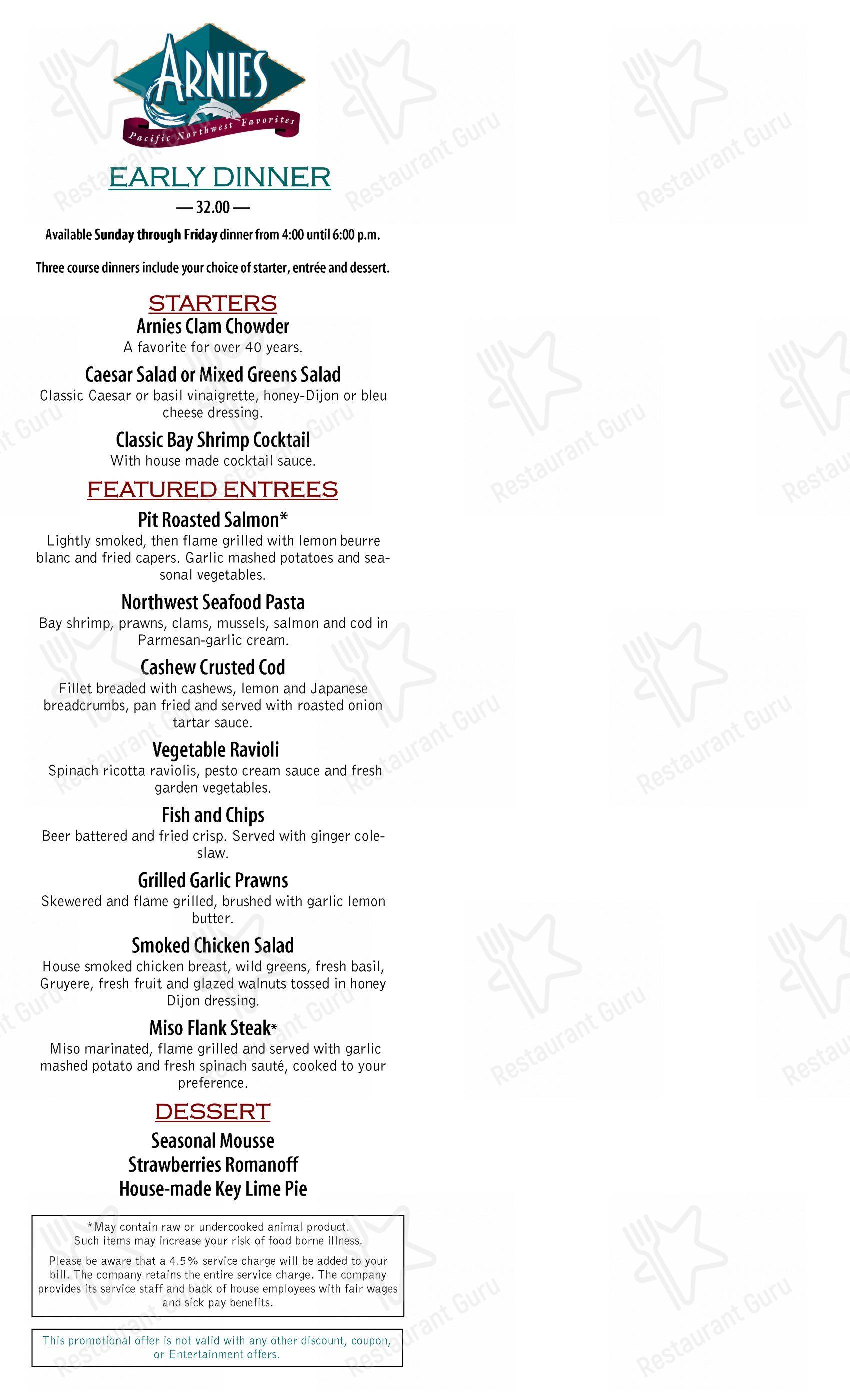 Menu at Arnies Restaurant, Edmonds