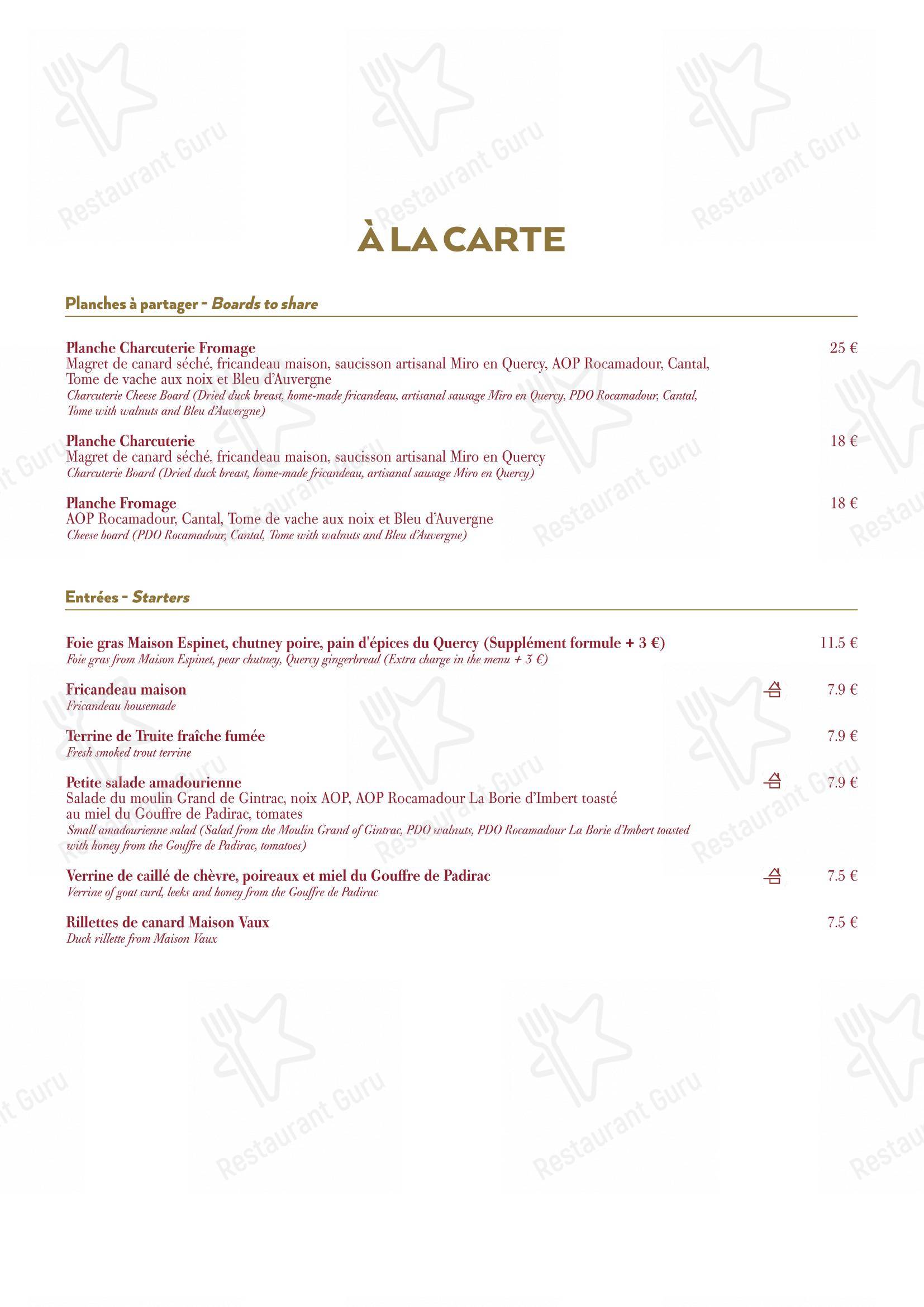 Menu au Auberge du Gouffre restaurant, Padirac