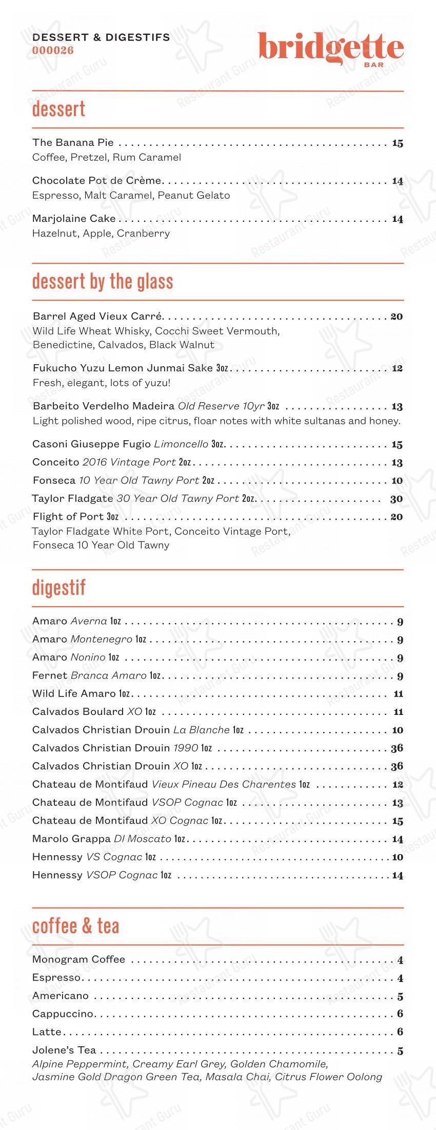 Menu at Bridgette Bar, Calgary