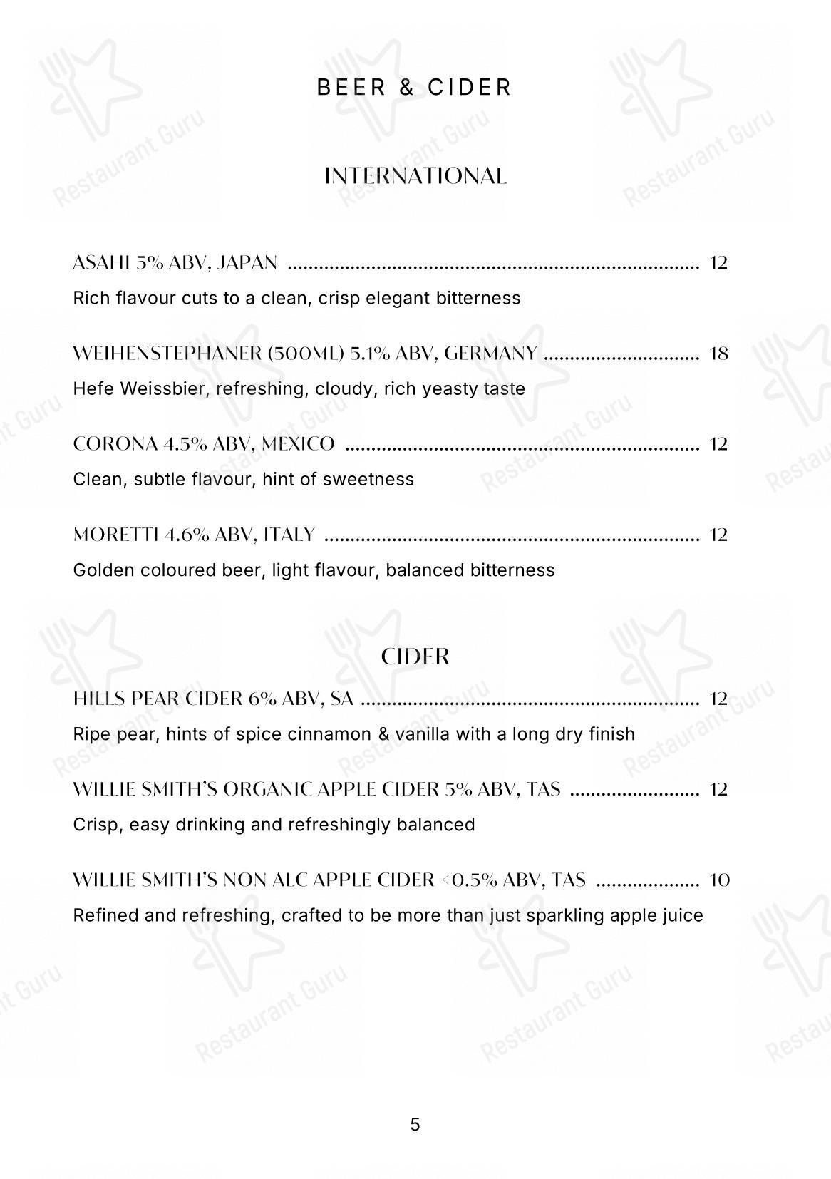 Menu at Cafe Sydney, Sydney, Level 5 Customs House