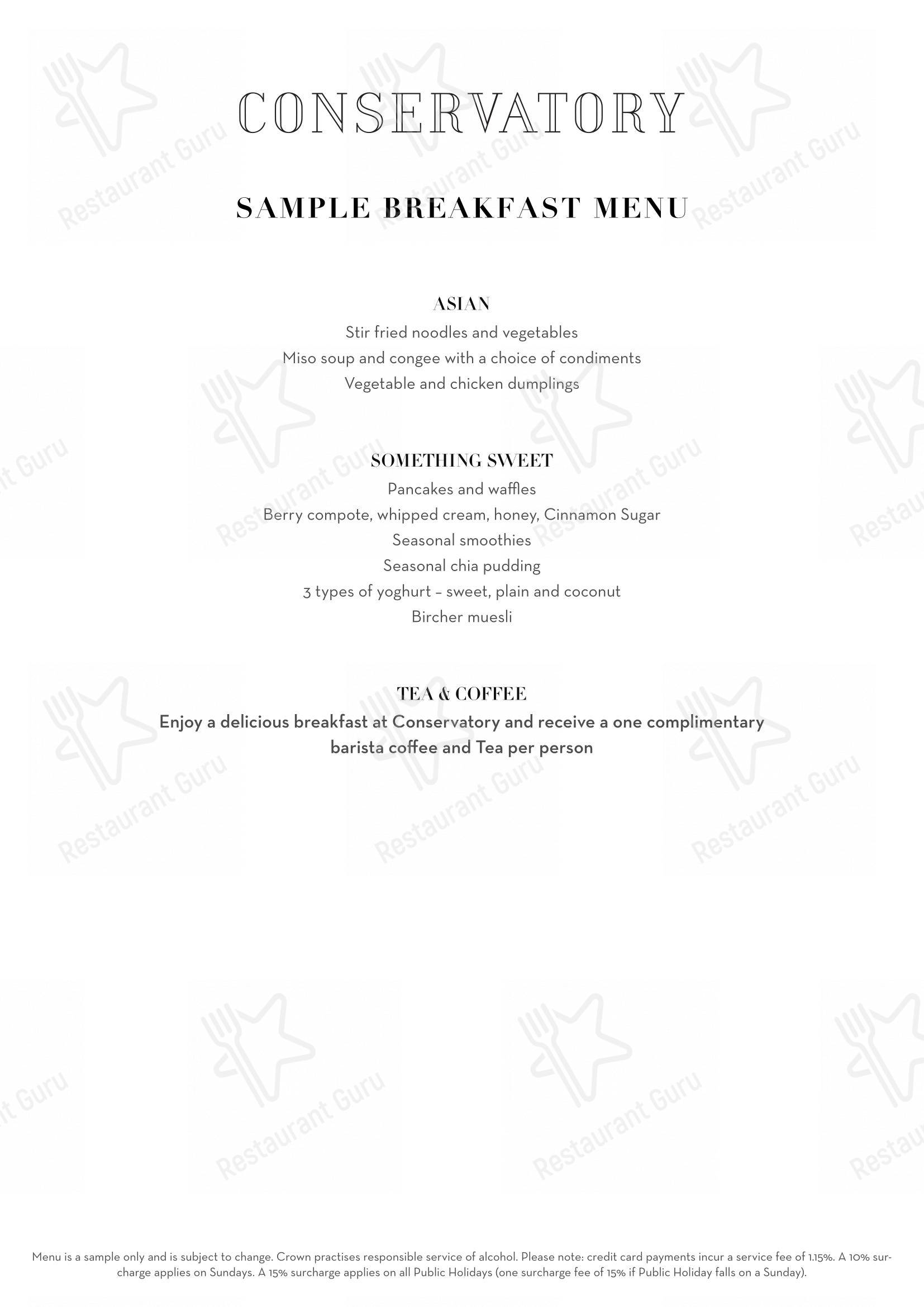 Menu at Conservatory restaurant, Southbank, Crown Melbourne