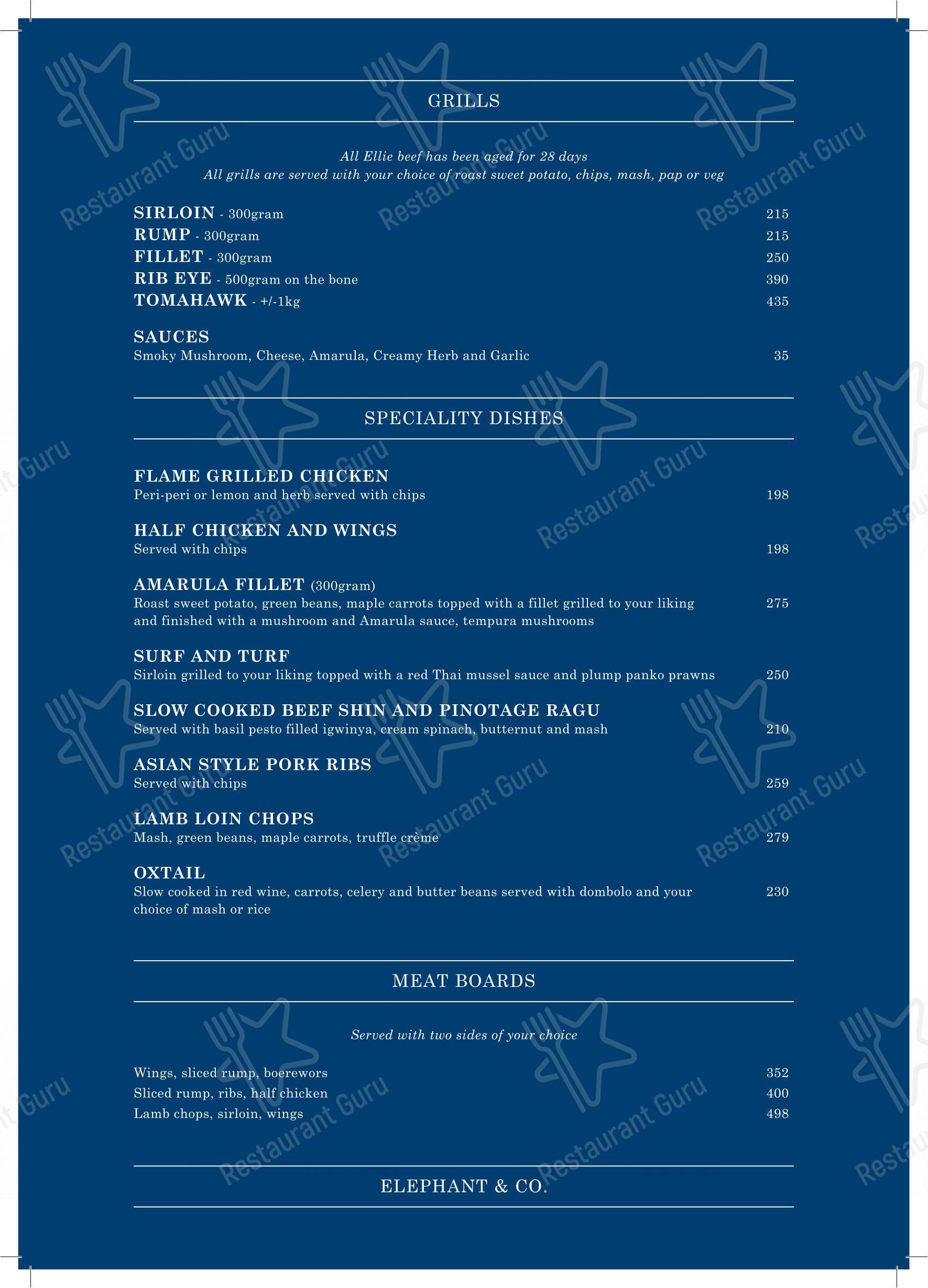 Menu at Elephant & Co Athlone restaurant, Pietermaritzburg, Athlone Circle