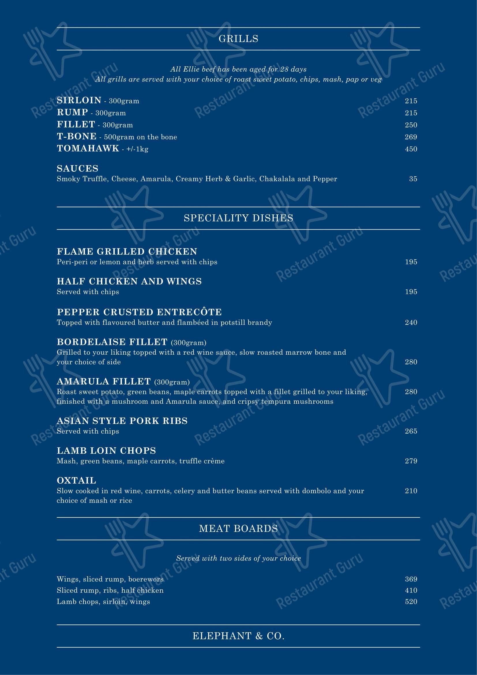 Menu at Elephant & Co Athlone restaurant, Pietermaritzburg, Athlone Circle