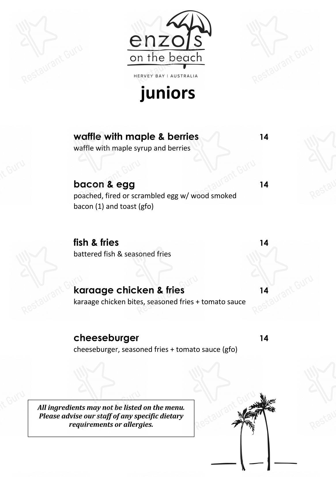 Menu at Enzo's on the Beach restaurant, Scarness