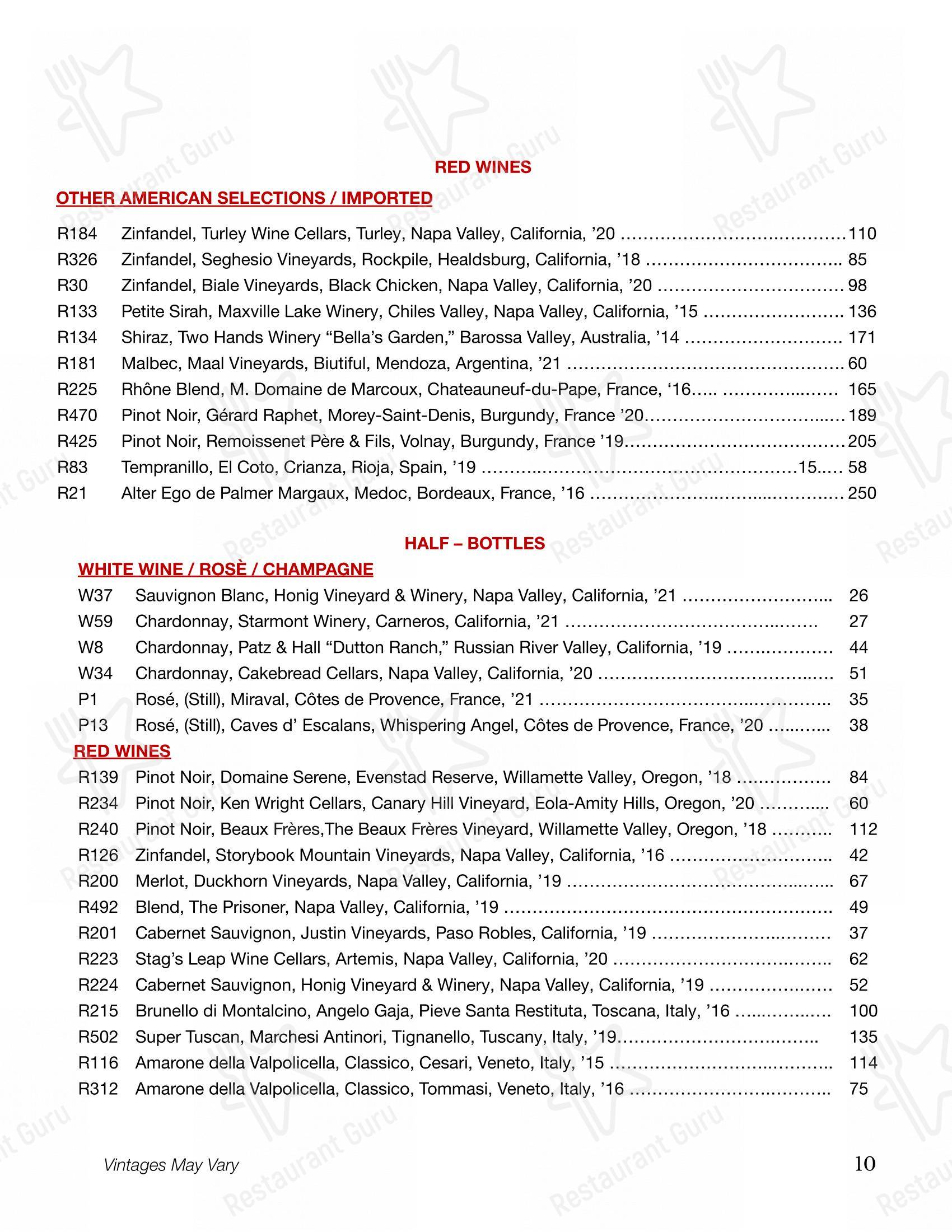 Menu at Evo Italian restaurant, Tequesta