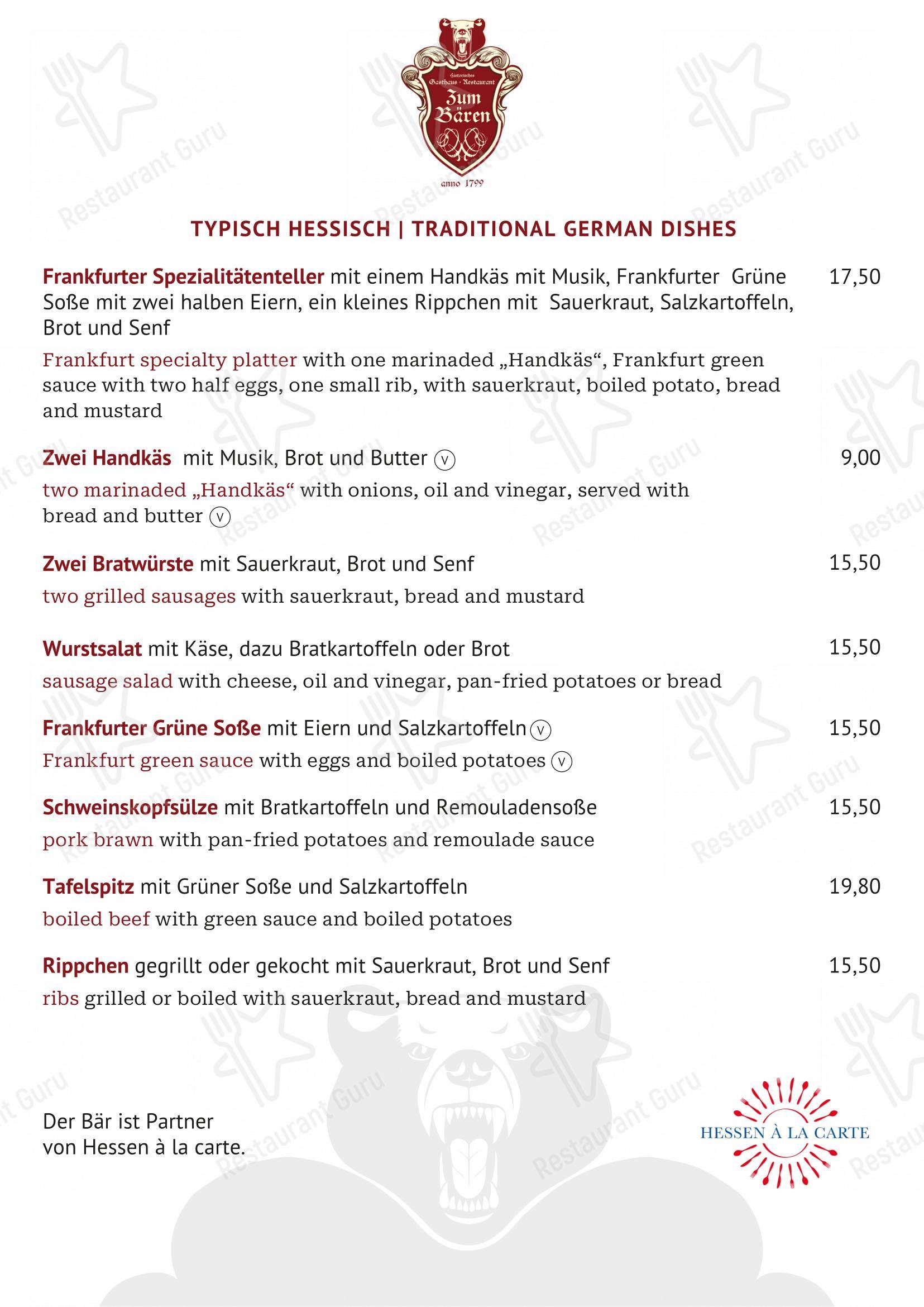 Menu at Gasthaus Zum Bären restaurant, Frankfurt