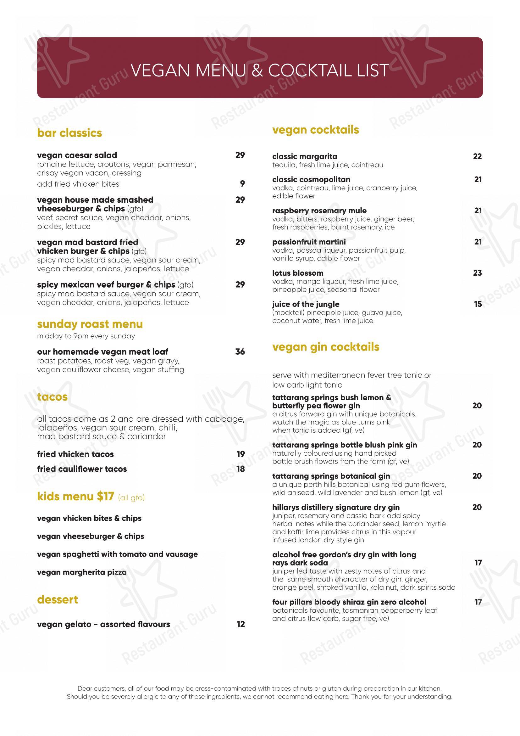 Menu at Jarrah pub & bar, Hillarys