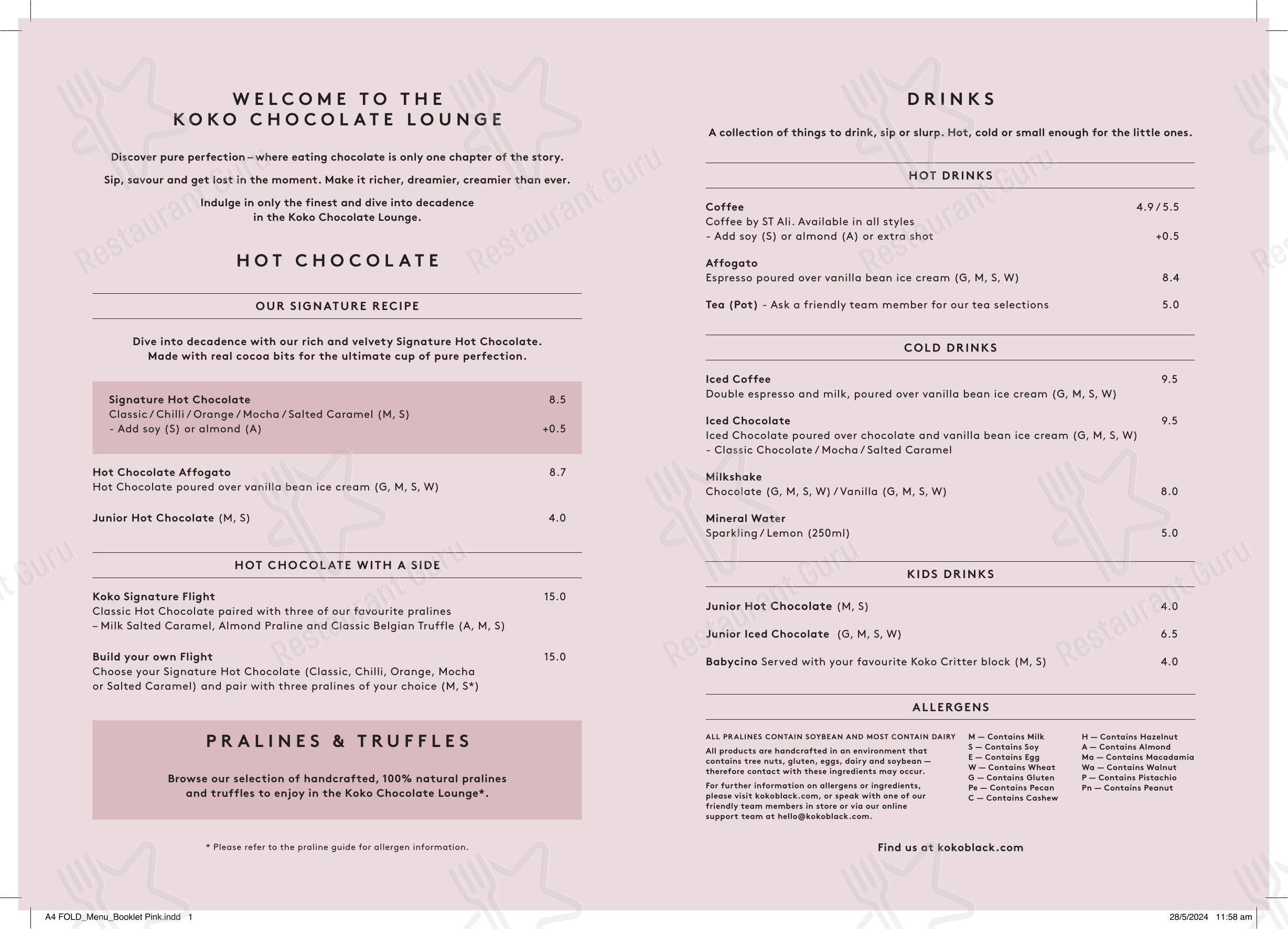 Menu at Koko Black restaurant, Adelaide, Adelaide Arcade