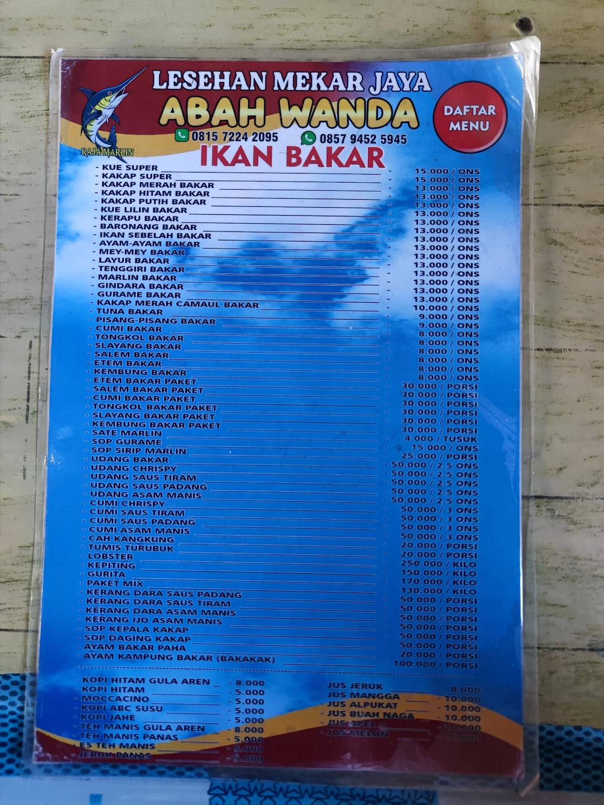 Carta del restaurante Lesehan Mekar Jaya Abah Wanda Ikan Bakar Laut ...