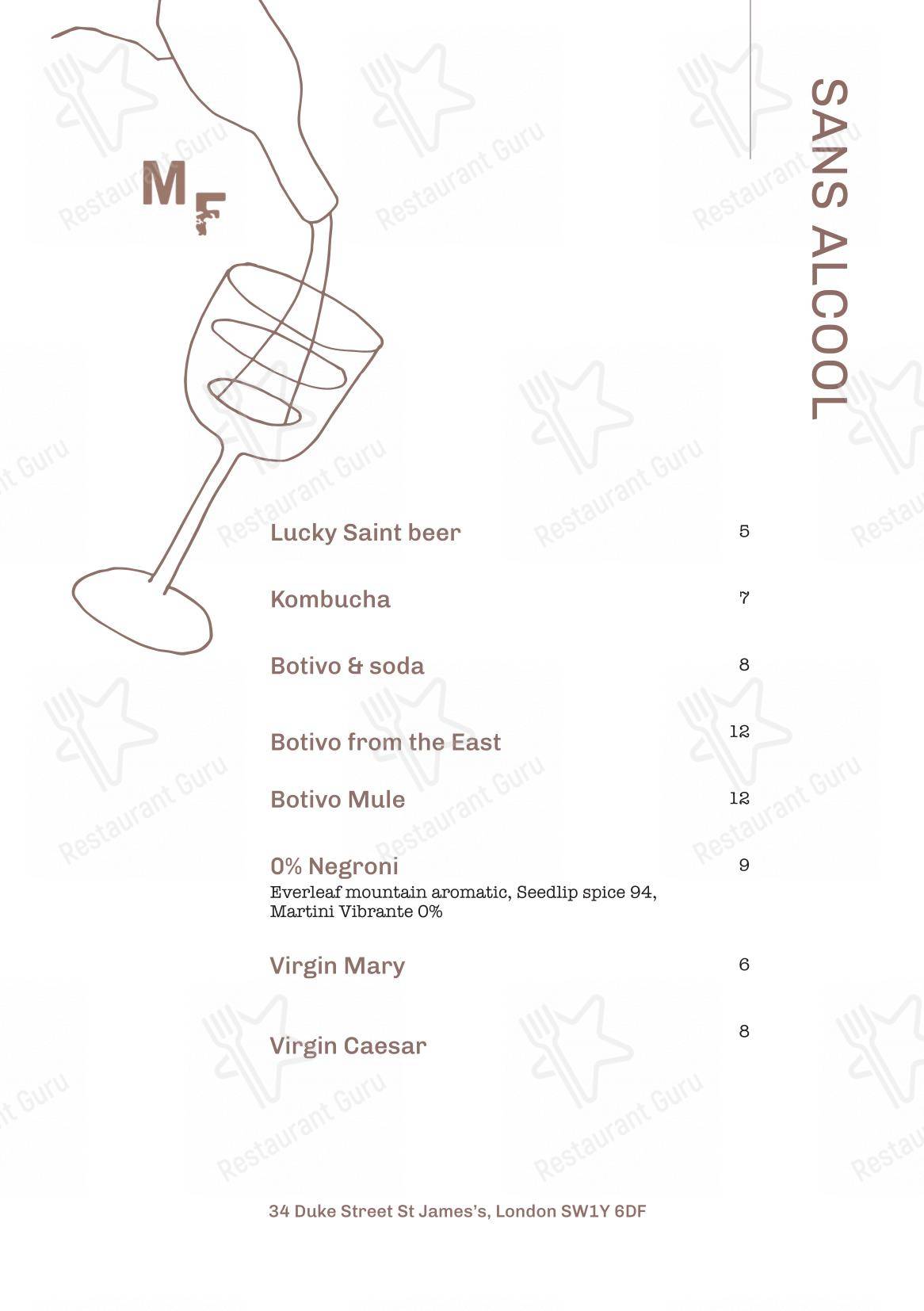 Menu at Maison François restaurant, London