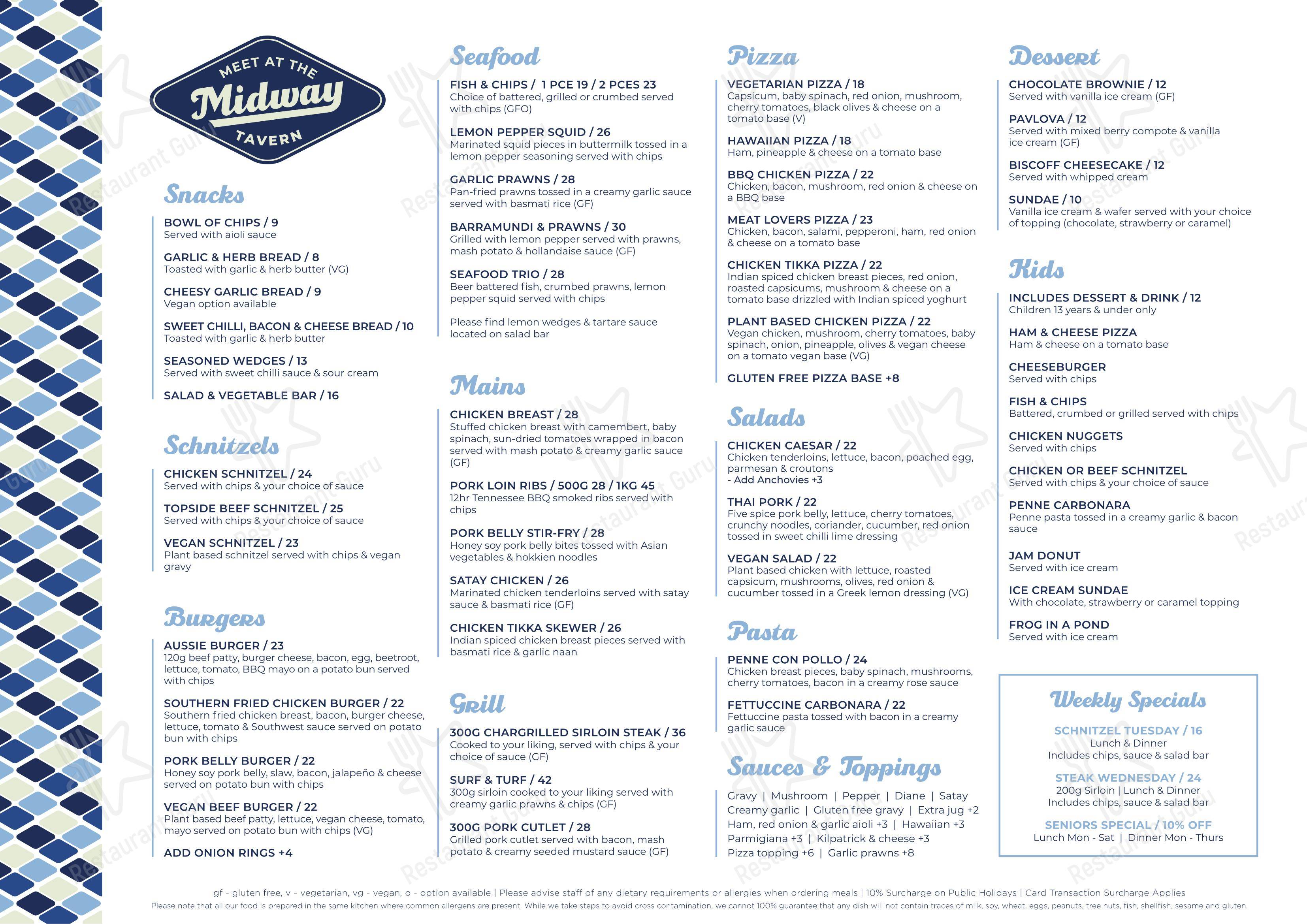 Menu at Midway Tavern restaurant, Elizabeth Downs
