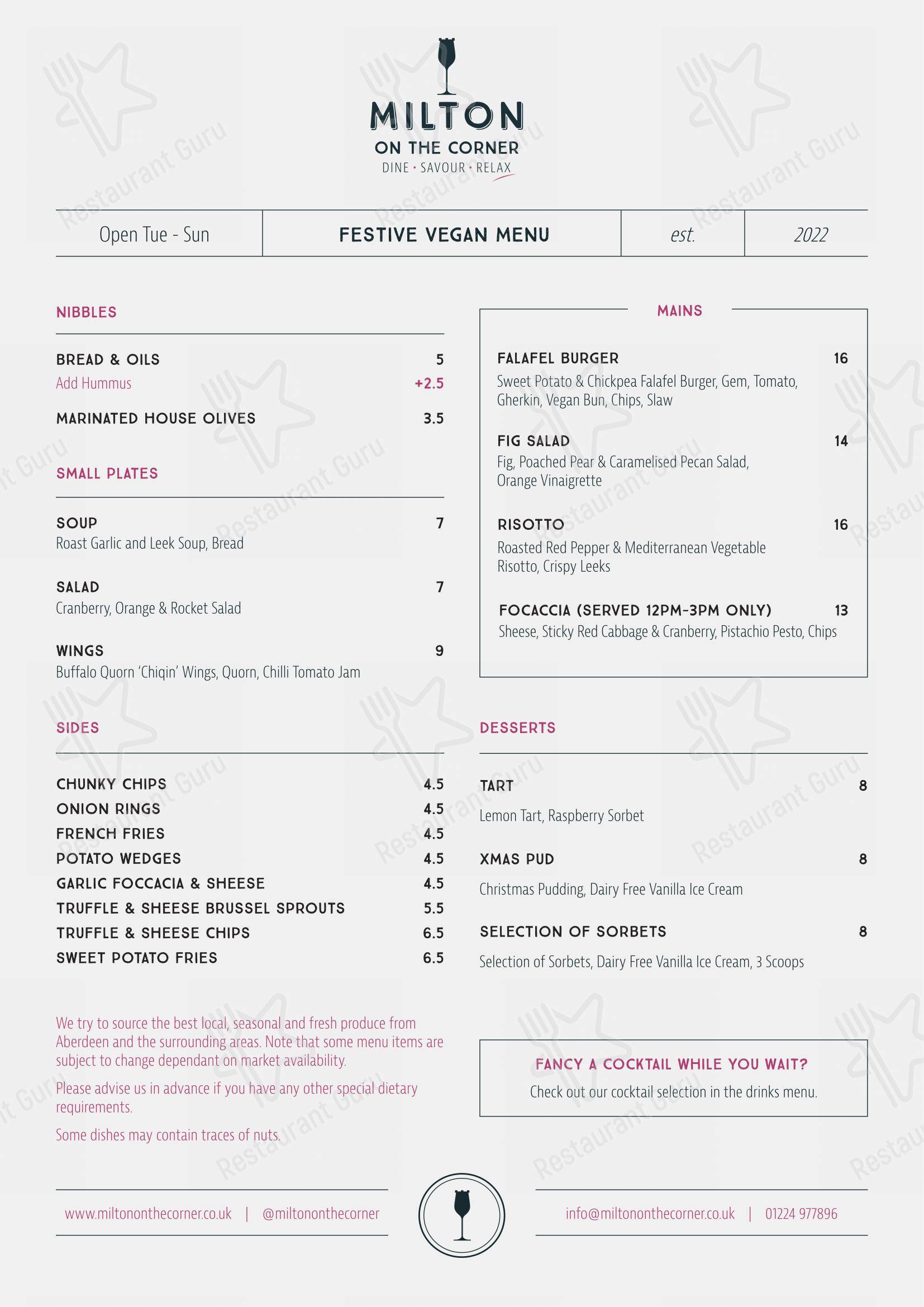 Menu at Milton on the Corner restaurant, Aberdeen