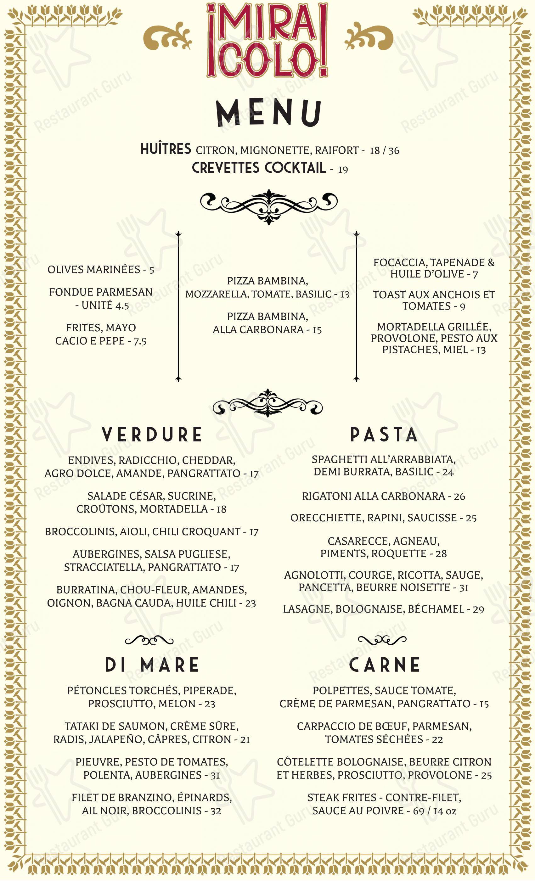 Menu au Miracolo pub et bar, Montréal