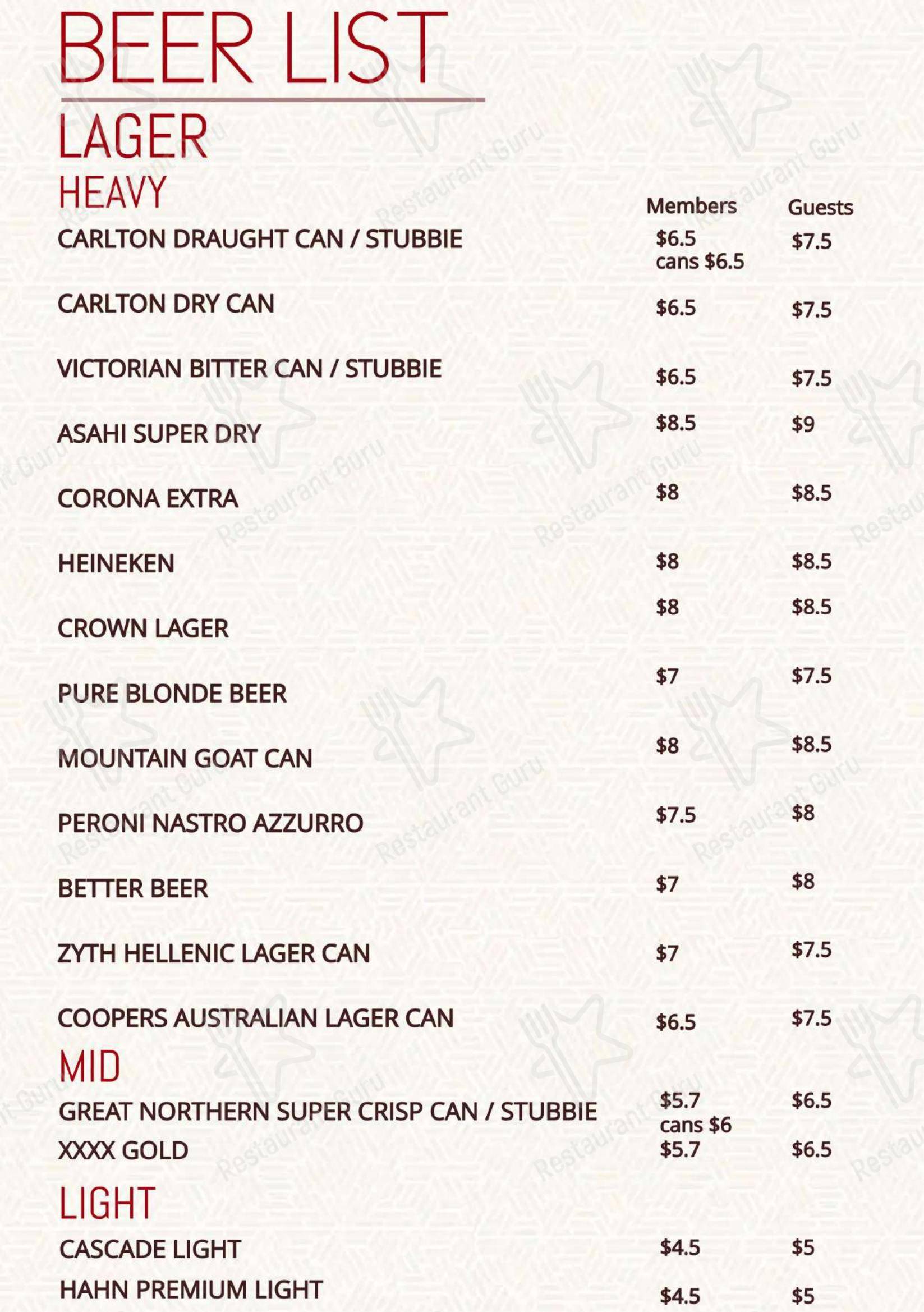 Menu at Montmorency RSL restaurant, Montmorency