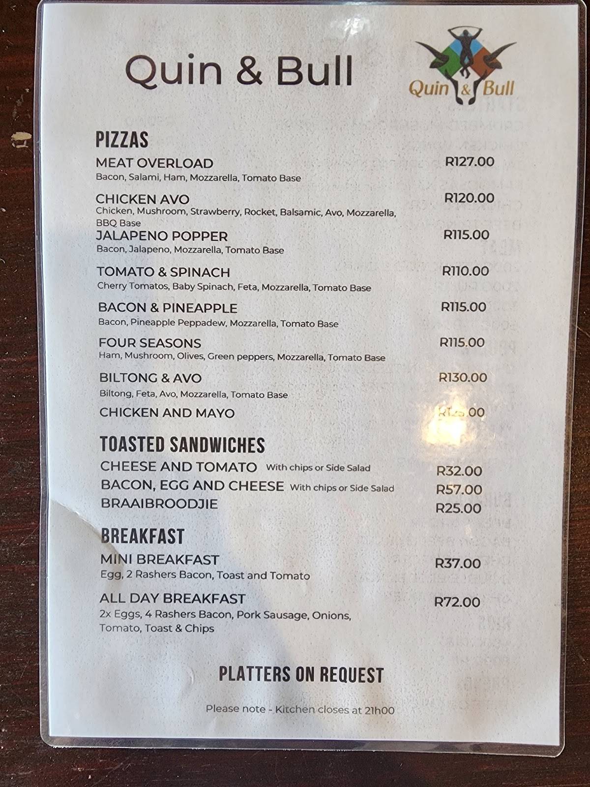 Menu at Quin & Bull restaurant, Pretoria