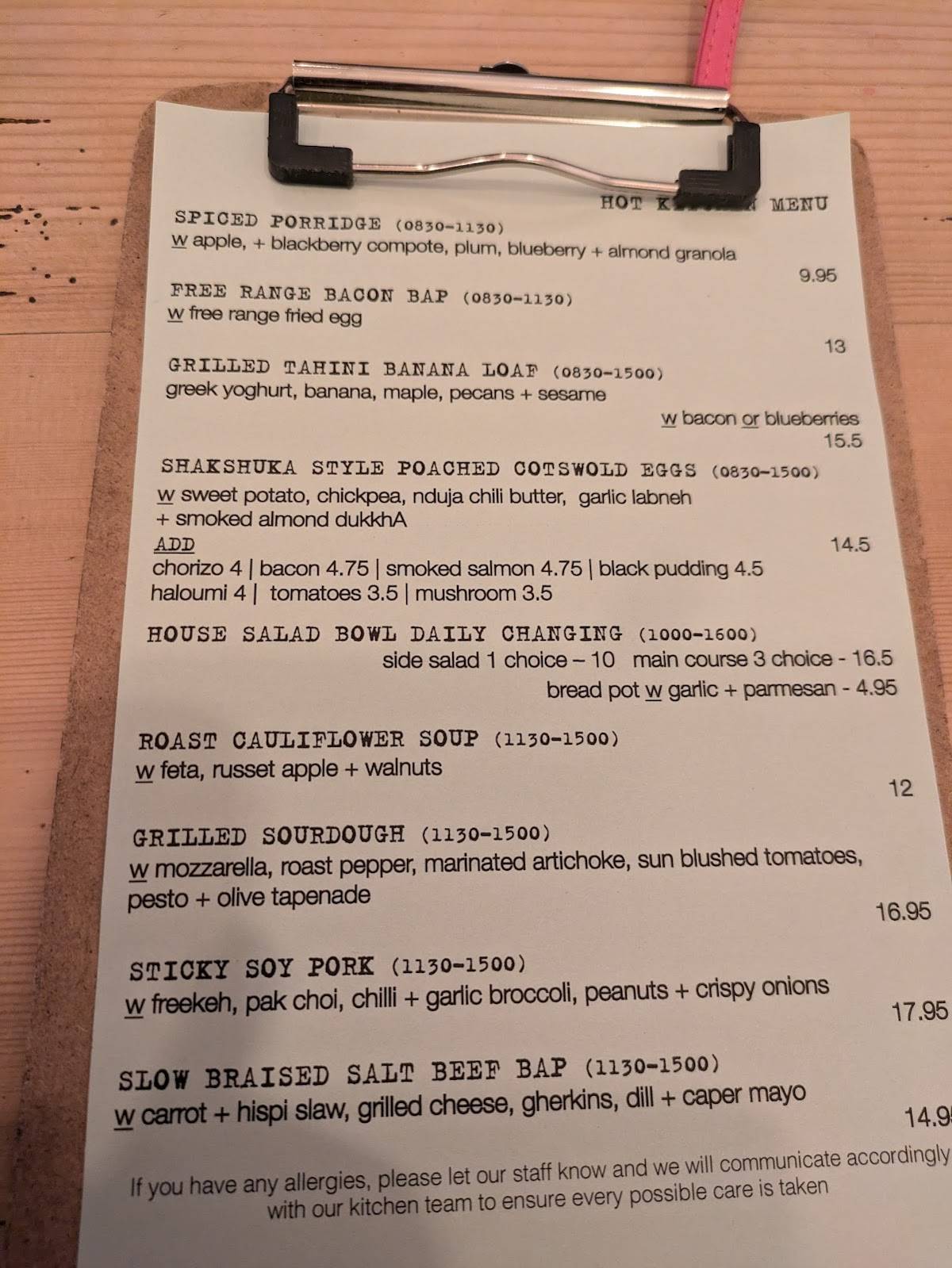 Menu at Quince and Clover at Great Tew cafe, England