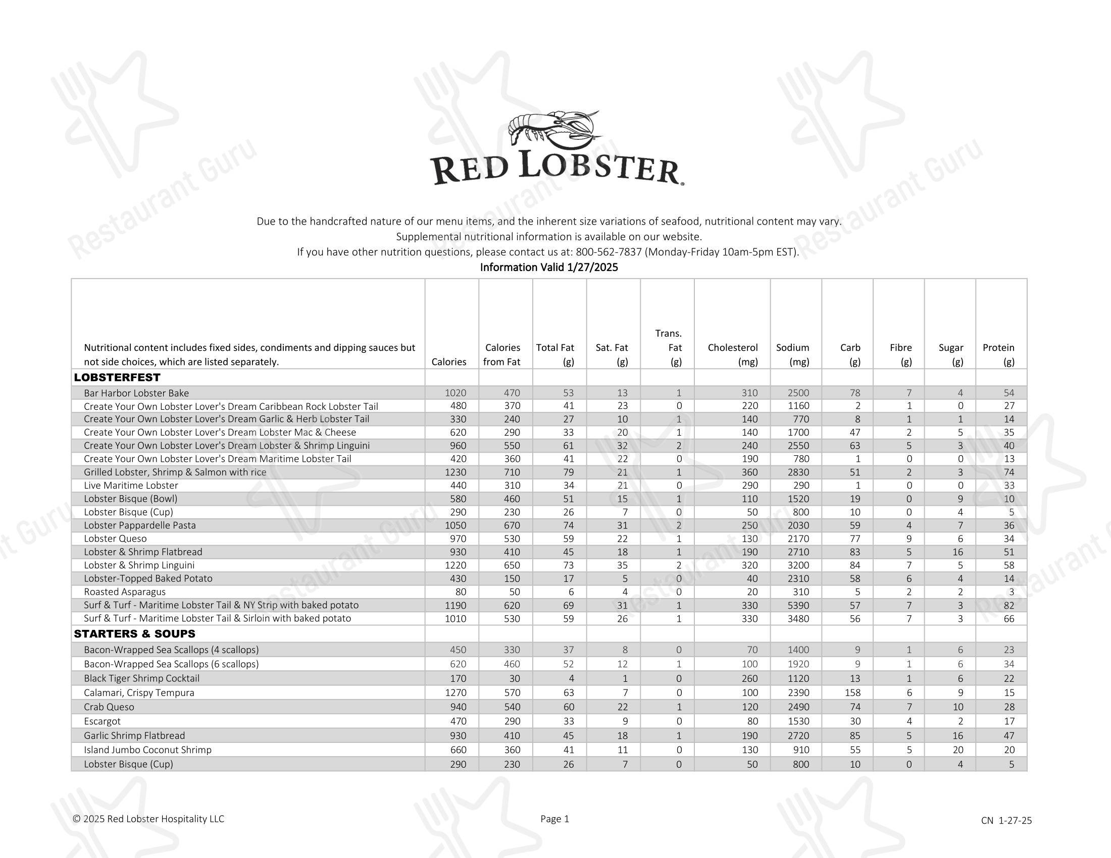 Menu at Red Lobster restaurant, Burlington, Fairview St