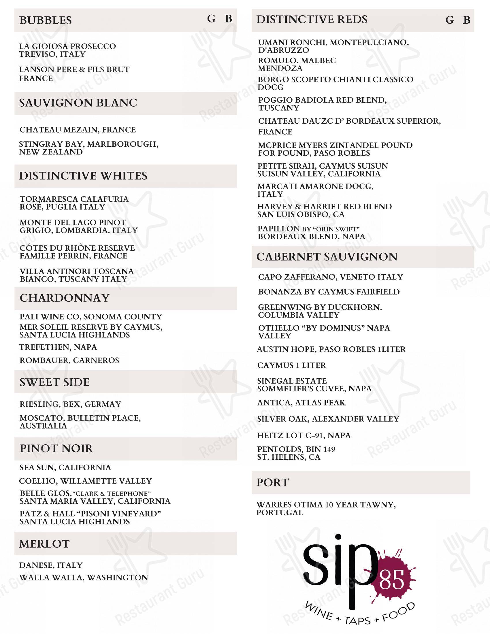 Menu at Sip85 steakhouse, Palm Harbor