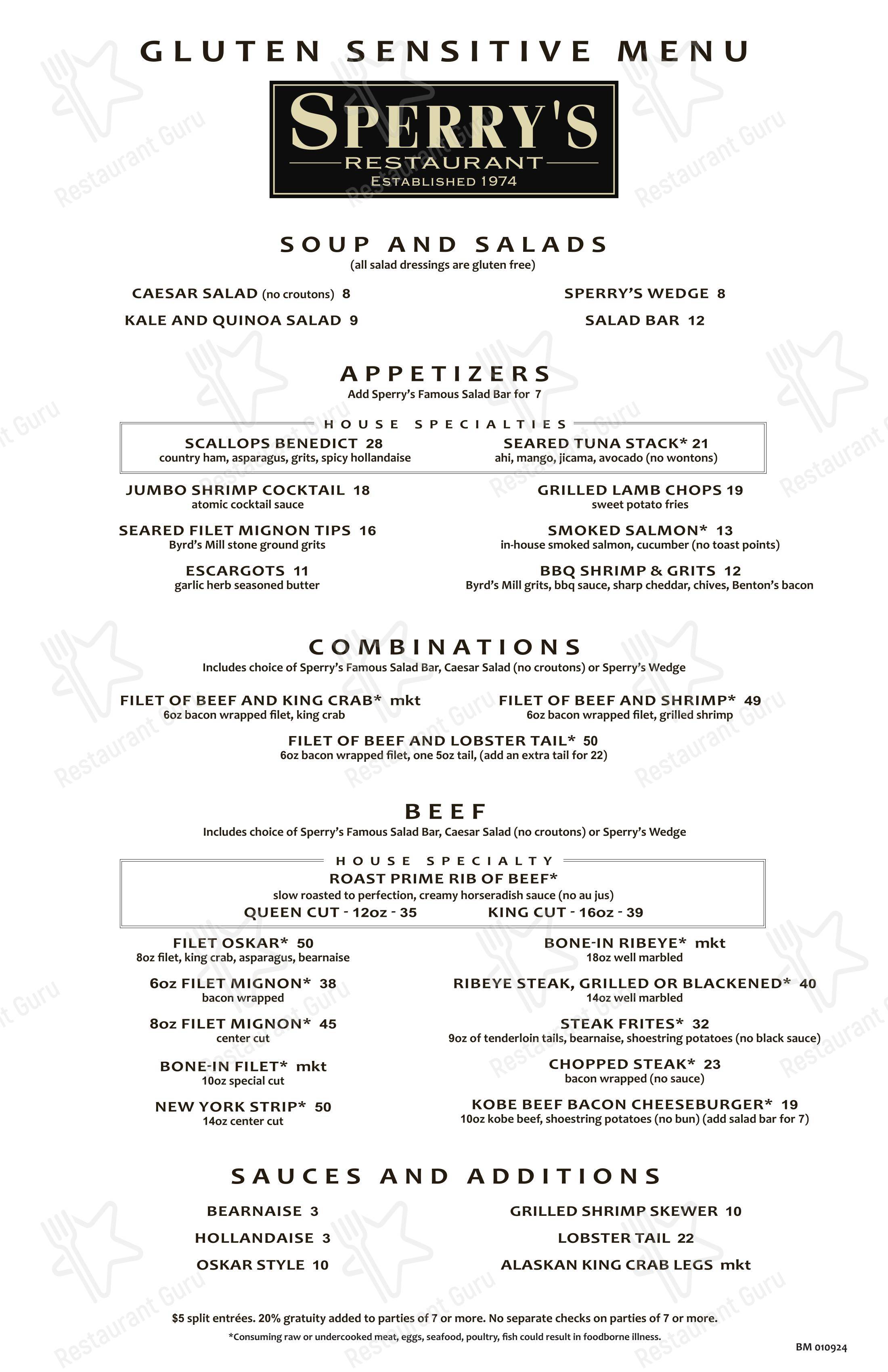 Menu at Sperry's Belle Meade steakhouse, Nashville, Harding Pike