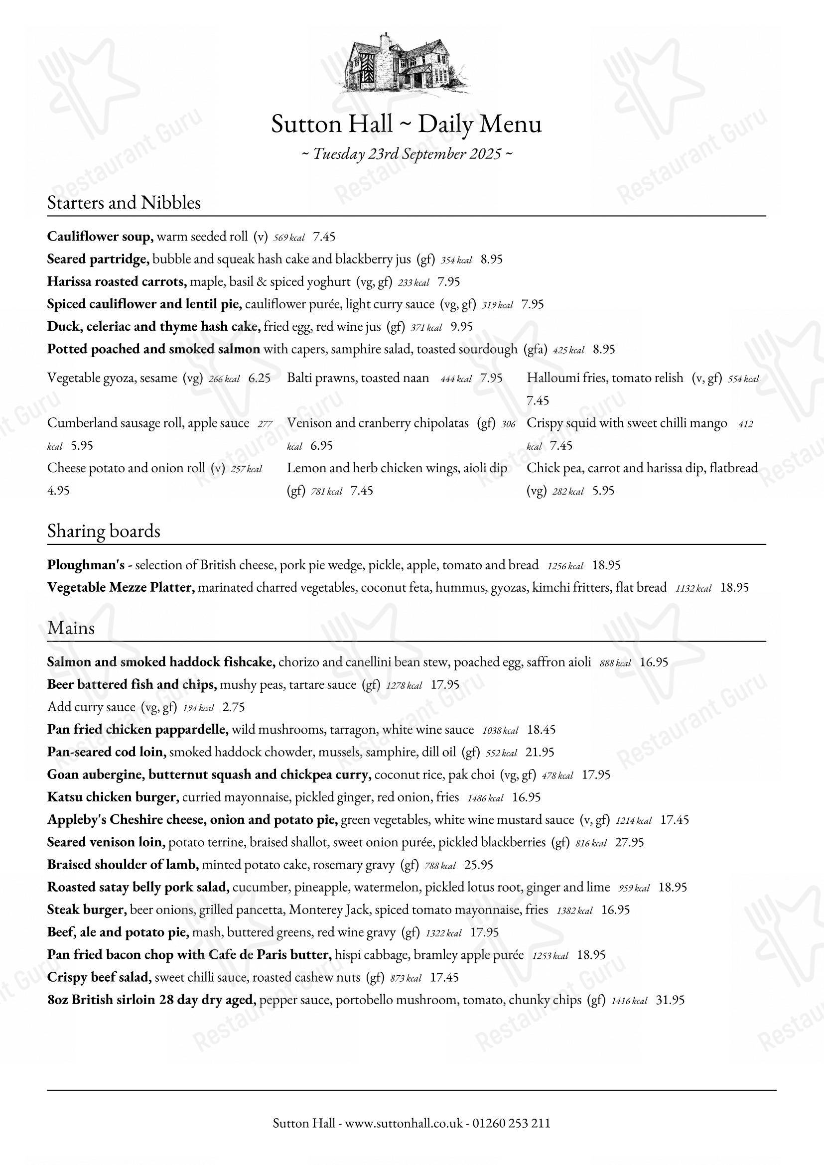 Menu at Sutton Hall pub & bar, Macclesfield