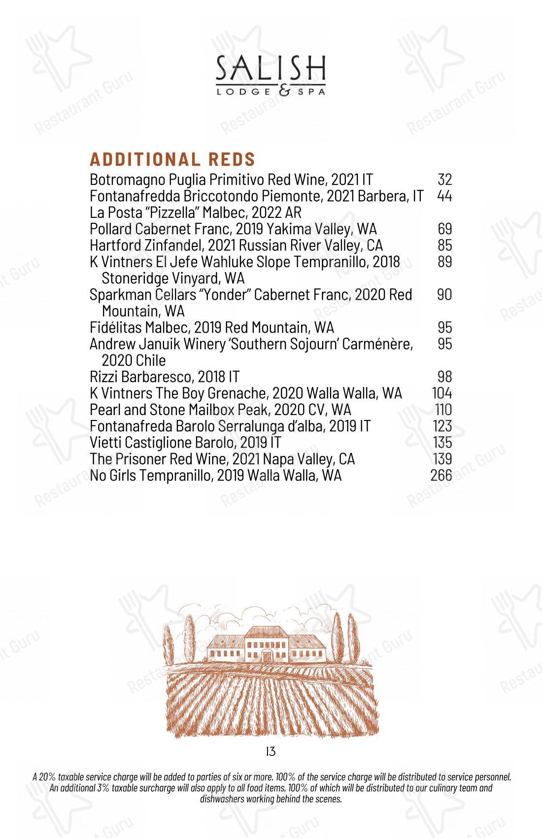 Menu at The Restaurant & Terrace Bar at Salish Lodge, Snoqualmie