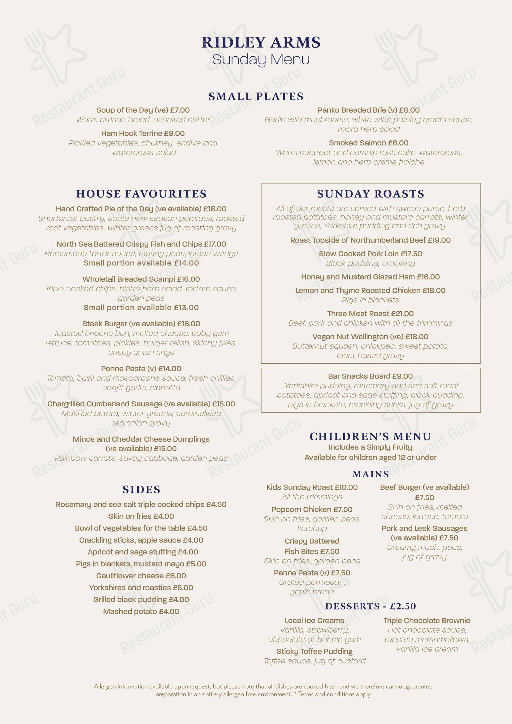 Menu at The Ridley Arms restaurant, Stannington