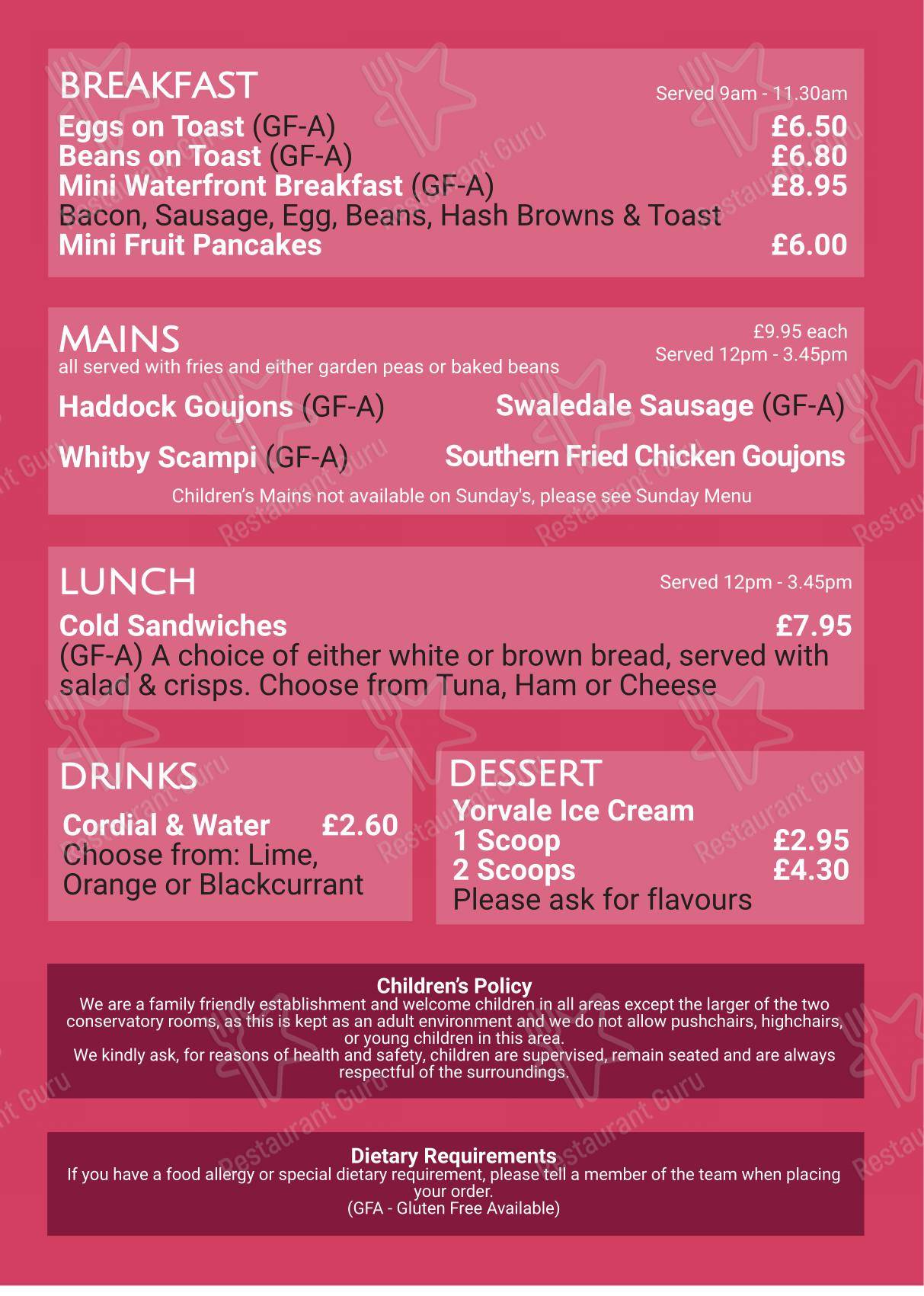 Menu at The Waterfront Cafe, York