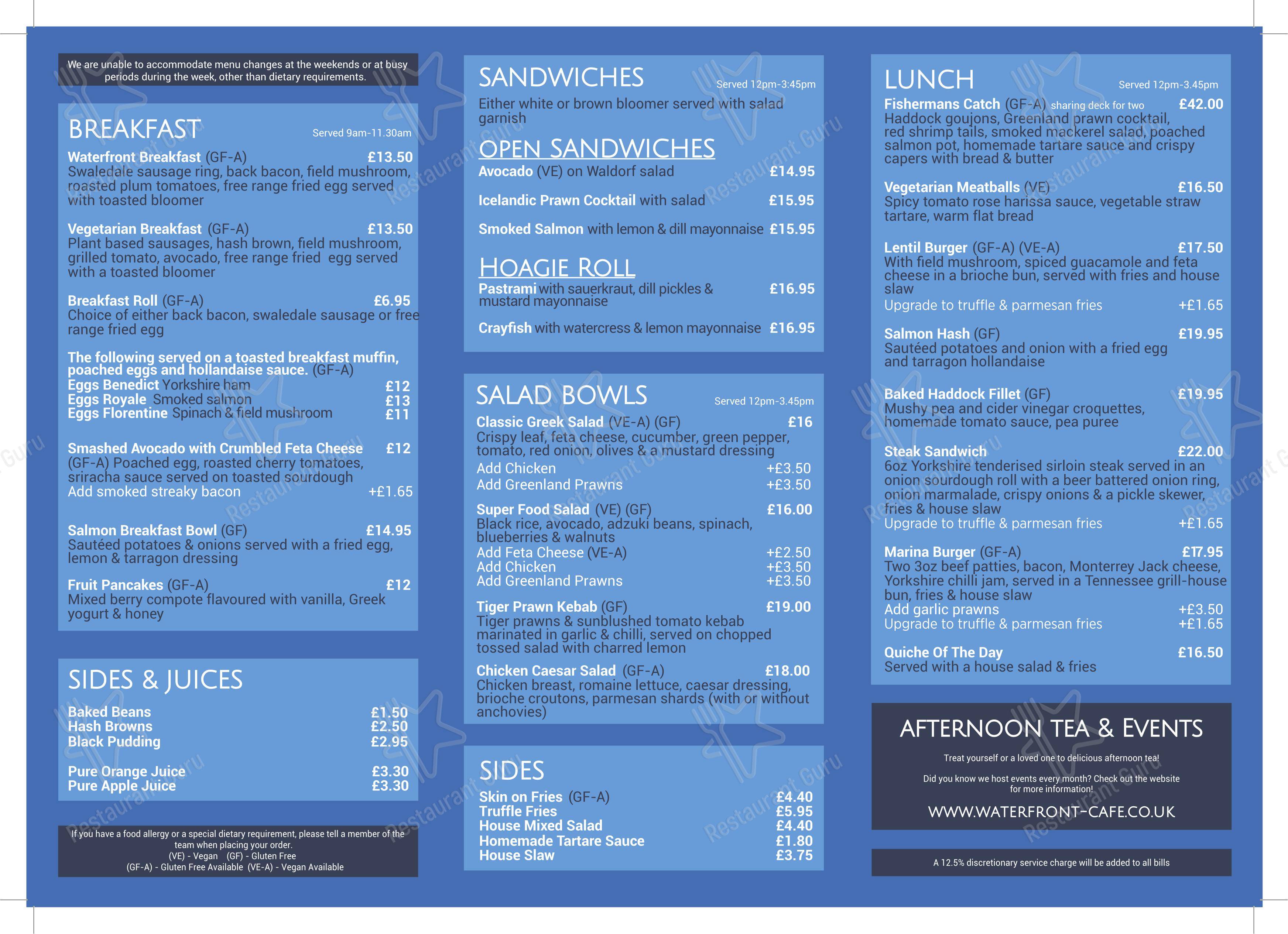 Menu at The Waterfront Cafe, York