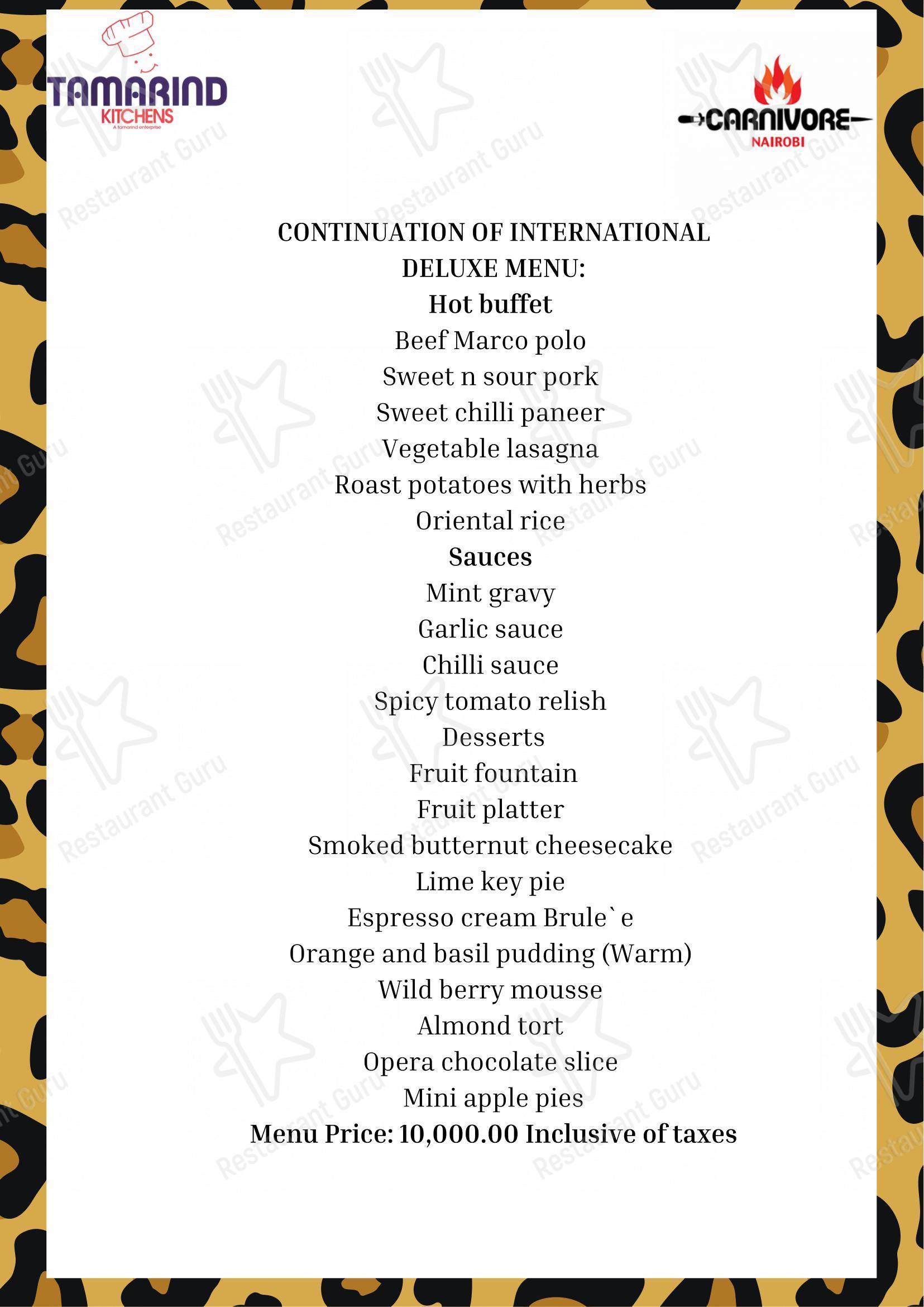 Carta de The Carnivore Restaurant, Nairobi