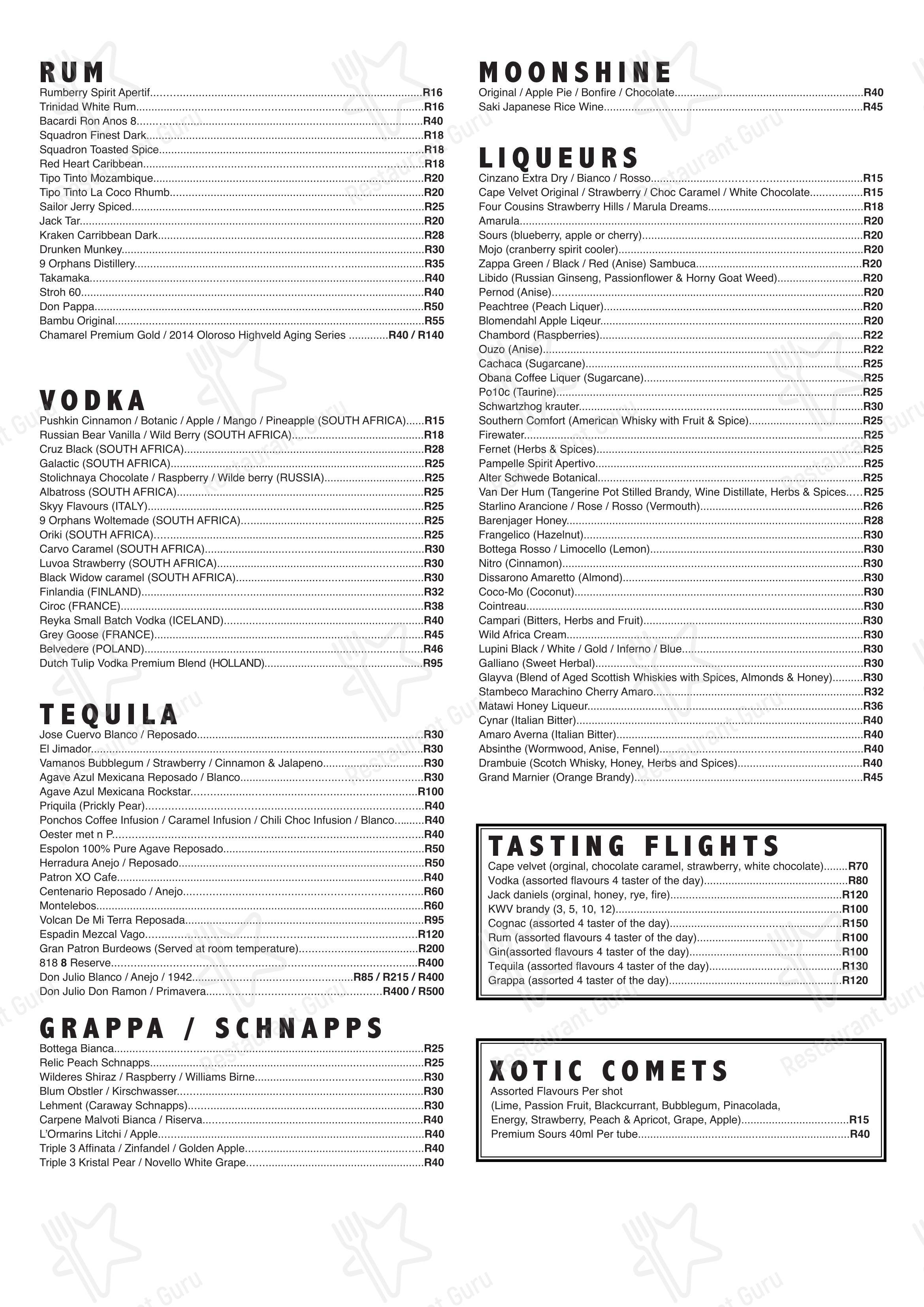 Menu at Thirsty Scarecrow restaurant, Stellenbosch
