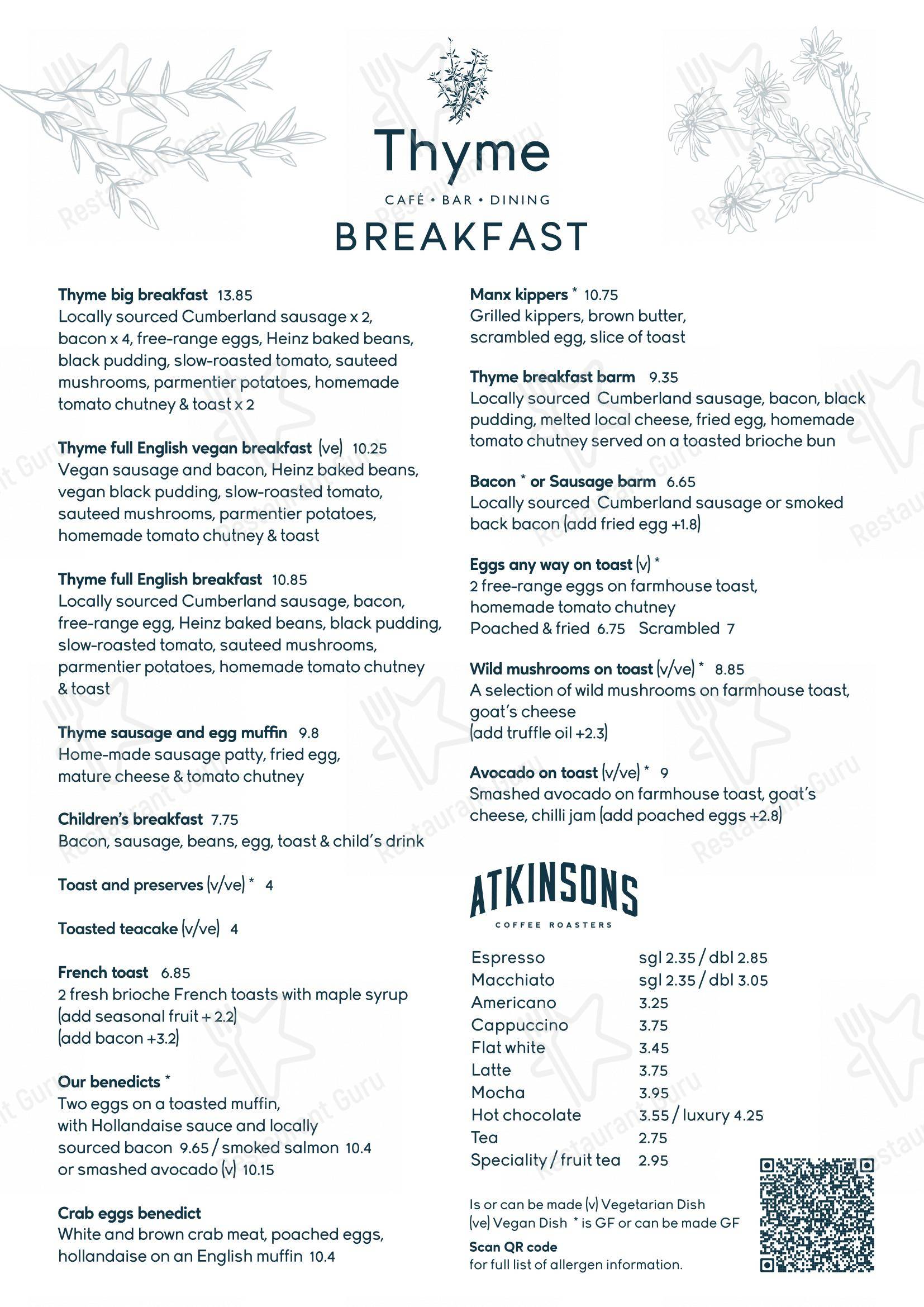 Menu at Thyme restaurant, Poulton-le-Fylde