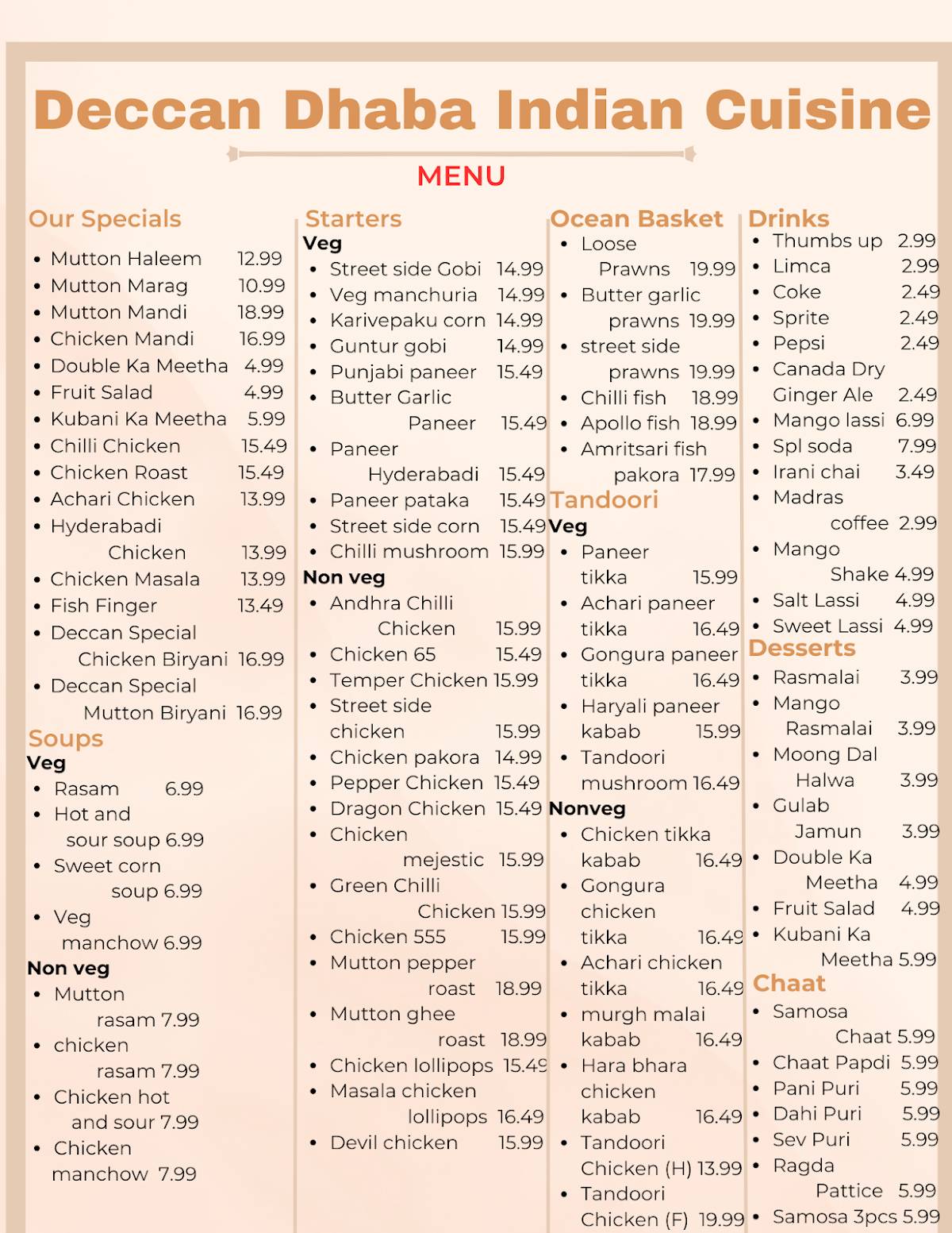 Menu at Deccan Dhaba Indian Cuisine restaurant, Toronto