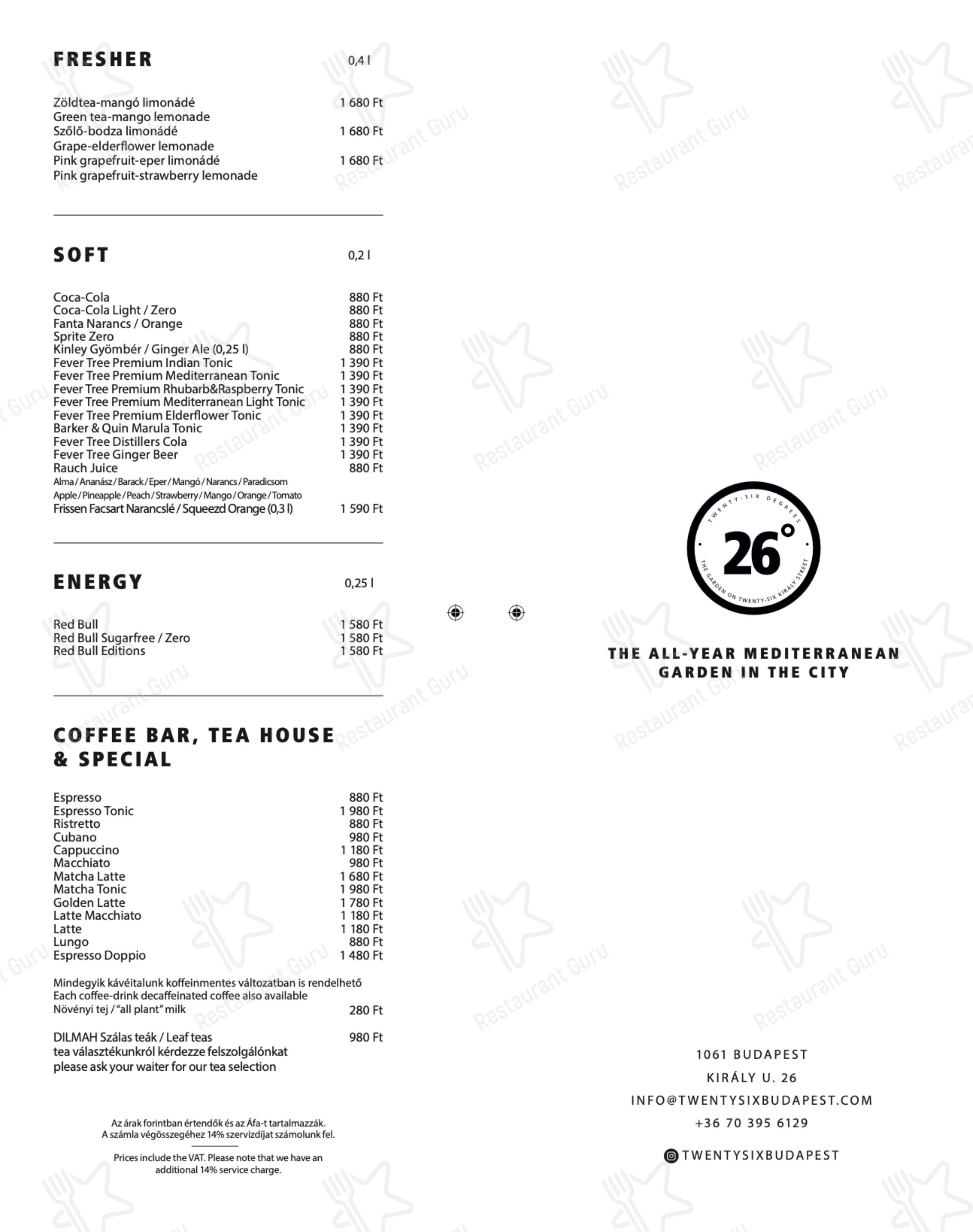 Menu at Twentysix Budapest Restaurant, Budapest