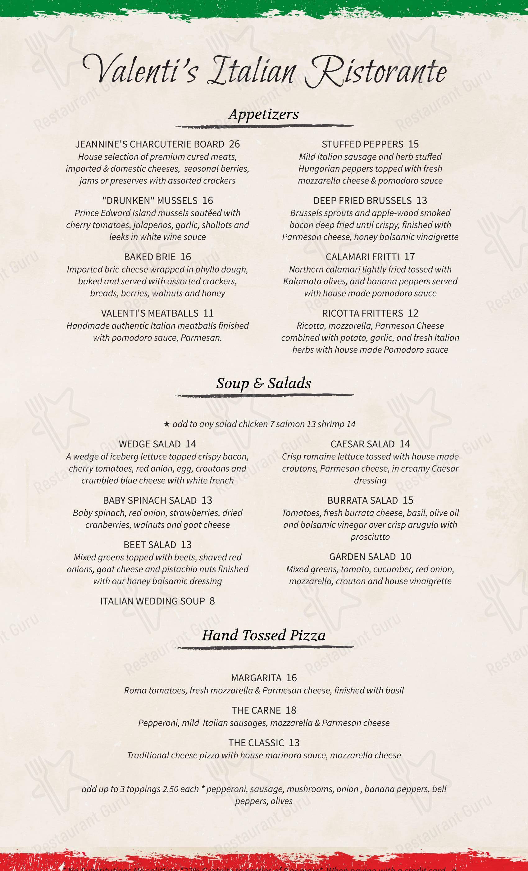 Menu at Valenti’s Ristorante restaurant, Broadview Heights