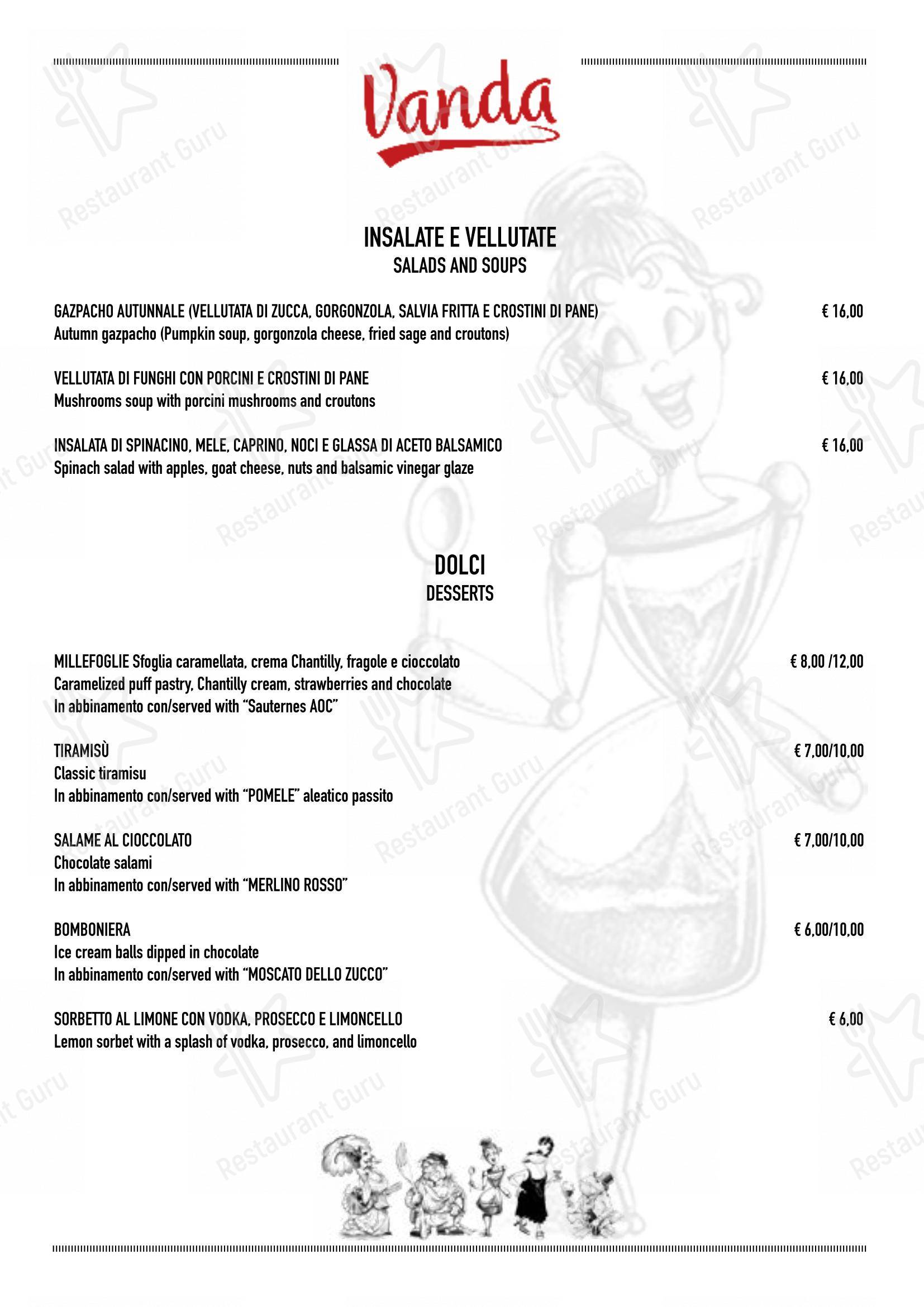 Menu da Vanda ristorante, Roma