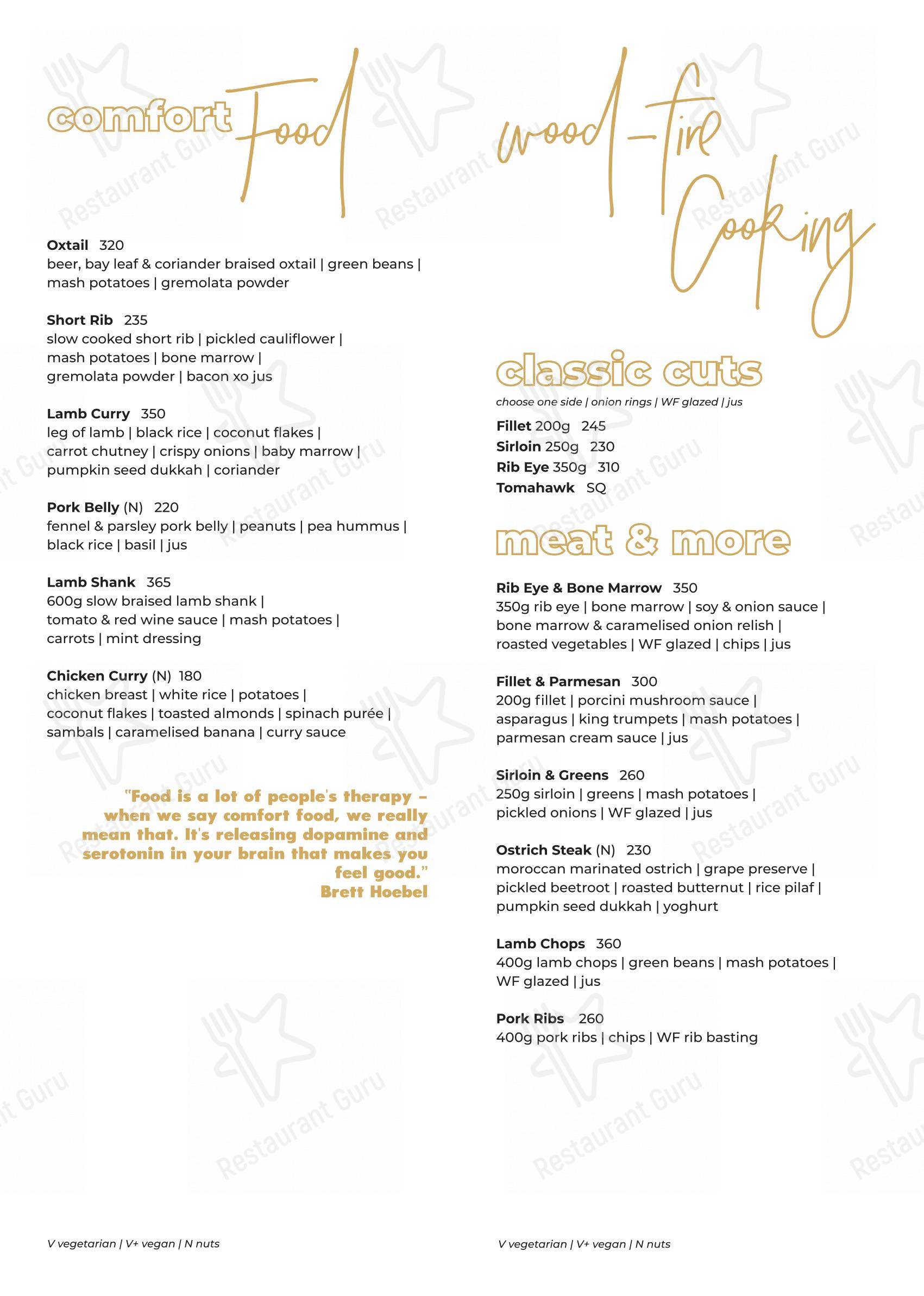 Menu at Wood & Fire restaurant, Pretoria, Veale St