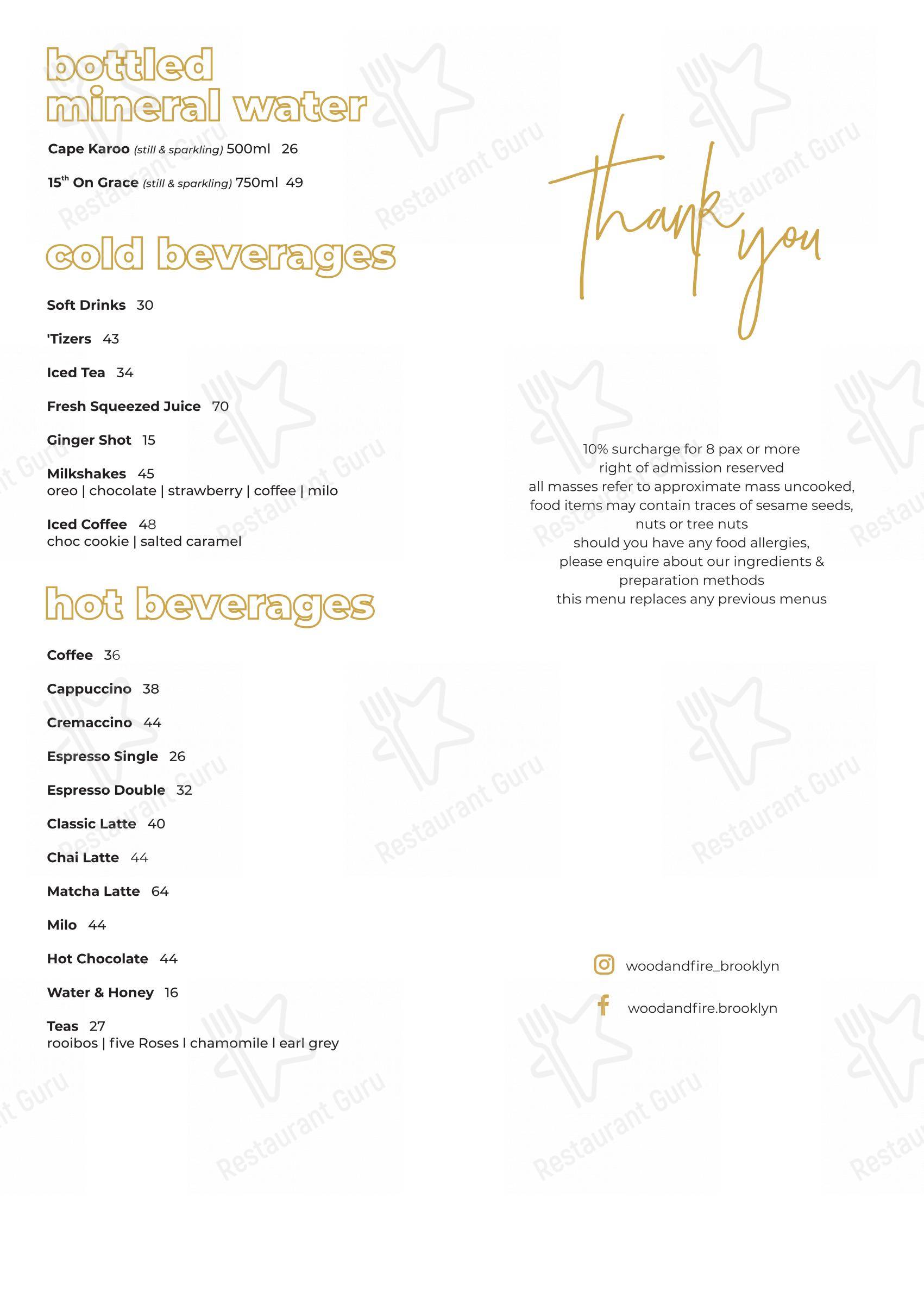 Menu at Wood & Fire restaurant, Pretoria, Veale St