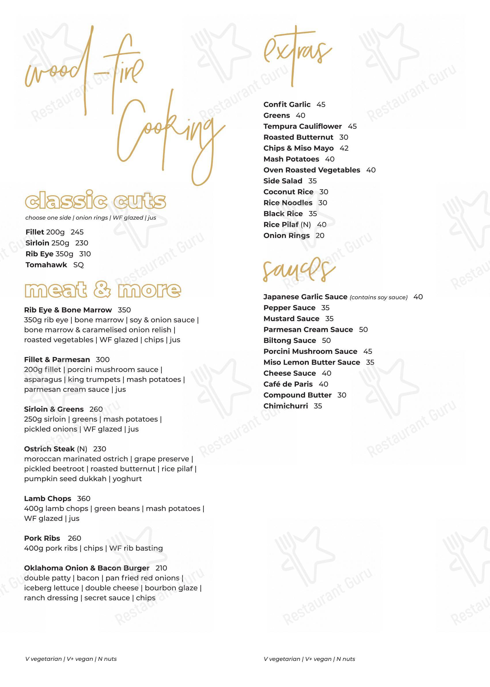 Menu at Wood & Fire restaurant, Pretoria, Veale St