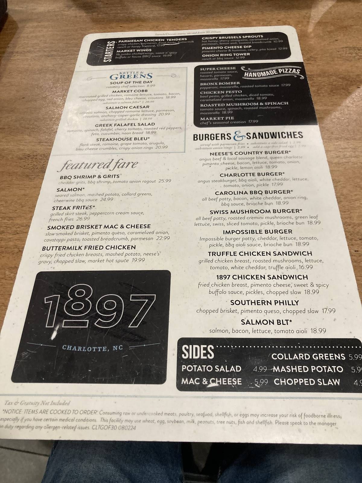 Menu at 1897 Market pub & bar, Charlotte, Josh Birmingham Pkwy