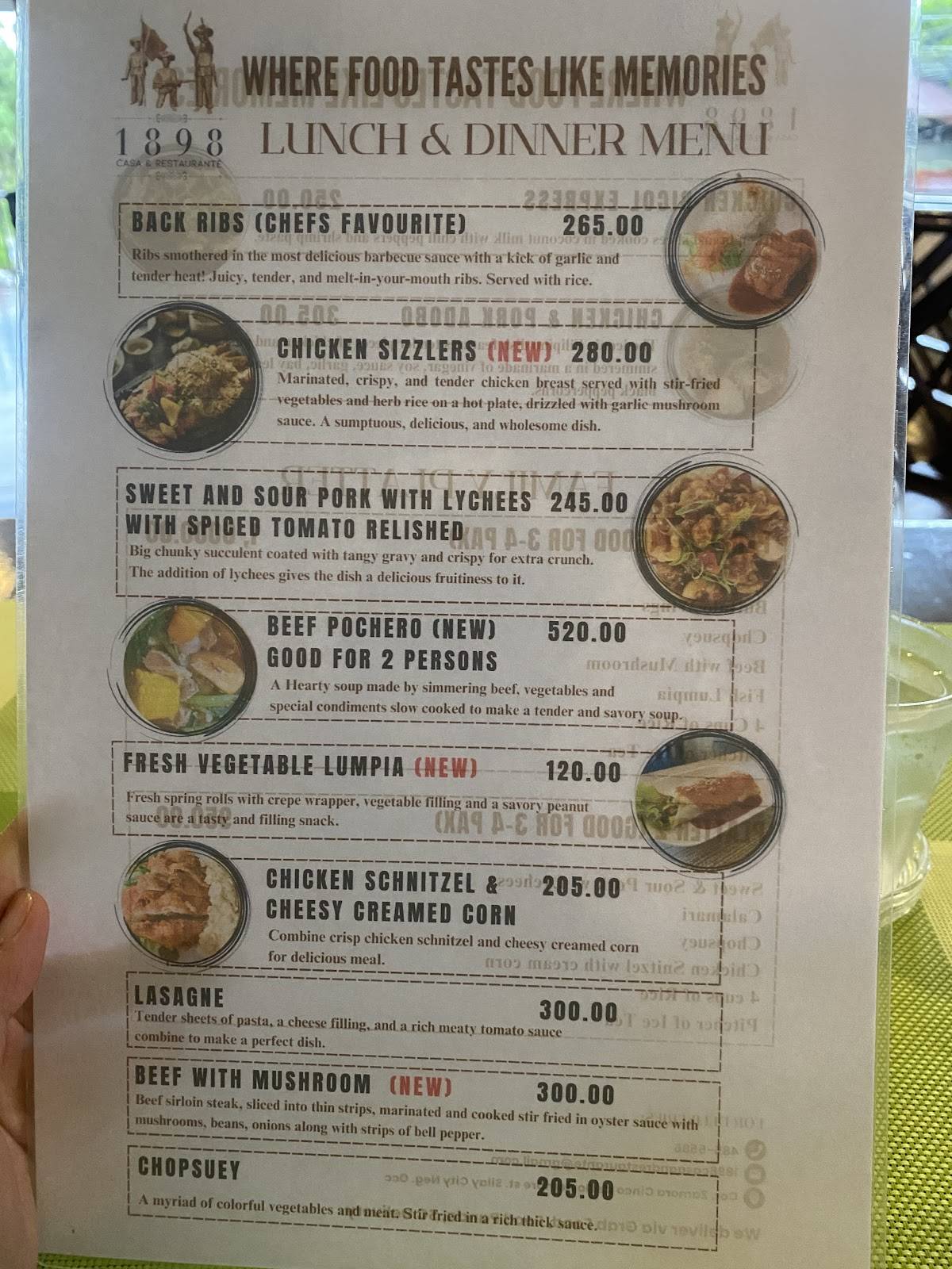 Menu at 1898 Casa and Restauranté, Silay City