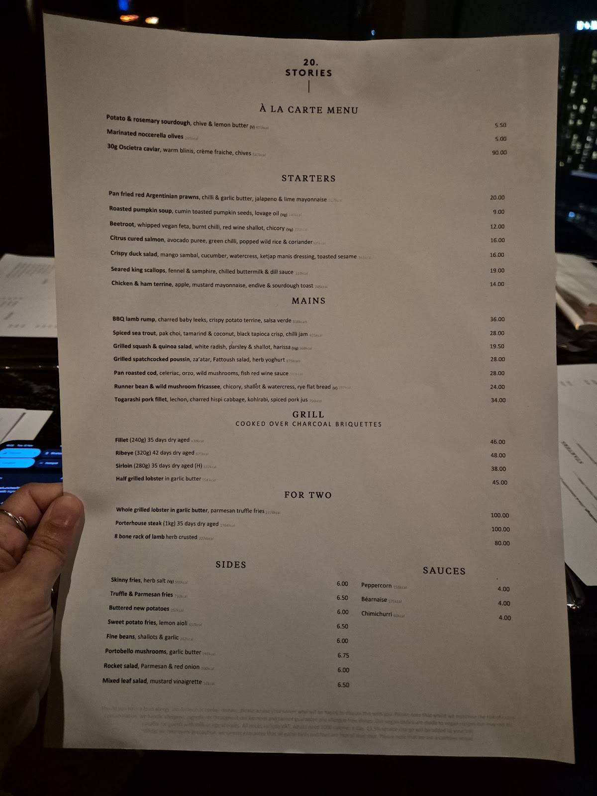 Menu at 20 Stories pub & bar, Manchester