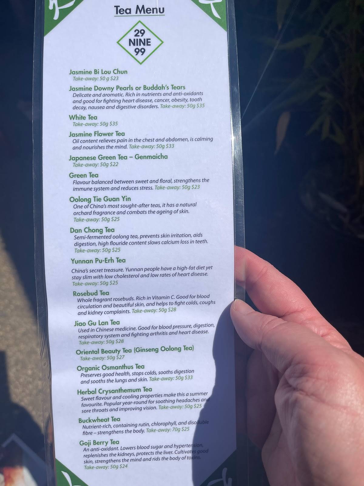 Menu at 29 Nine 99 Yum Cha & Tea House fast food, Rylstone