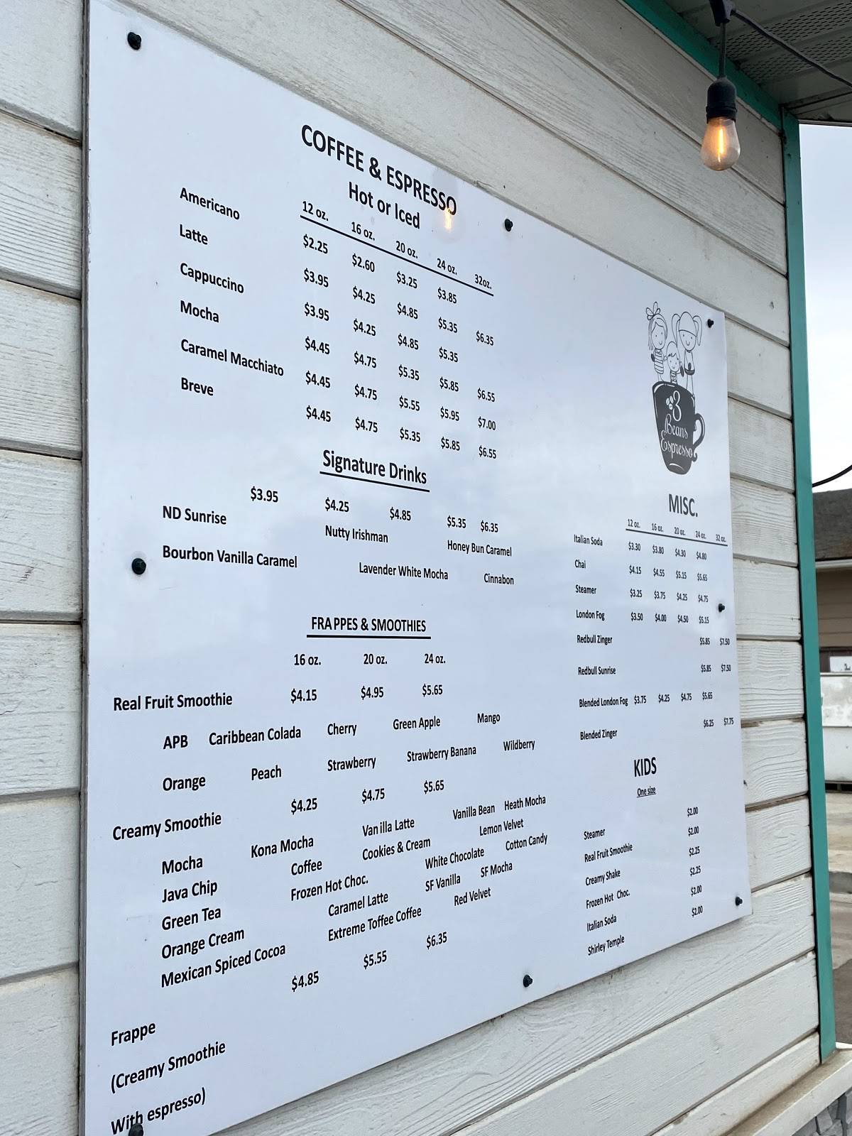 Menu at 3 Beans Espresso, Williston