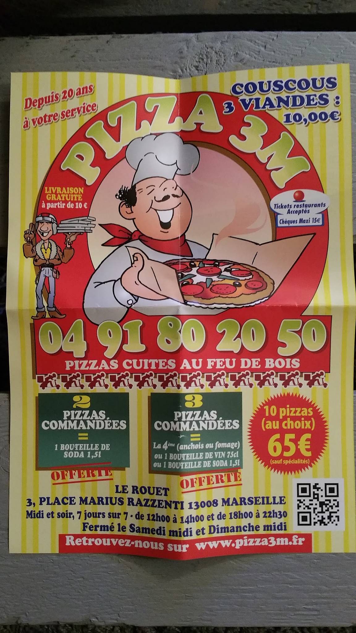 Menu at 3 M pizzeria, Marseille, Place Marius Razzenti 3