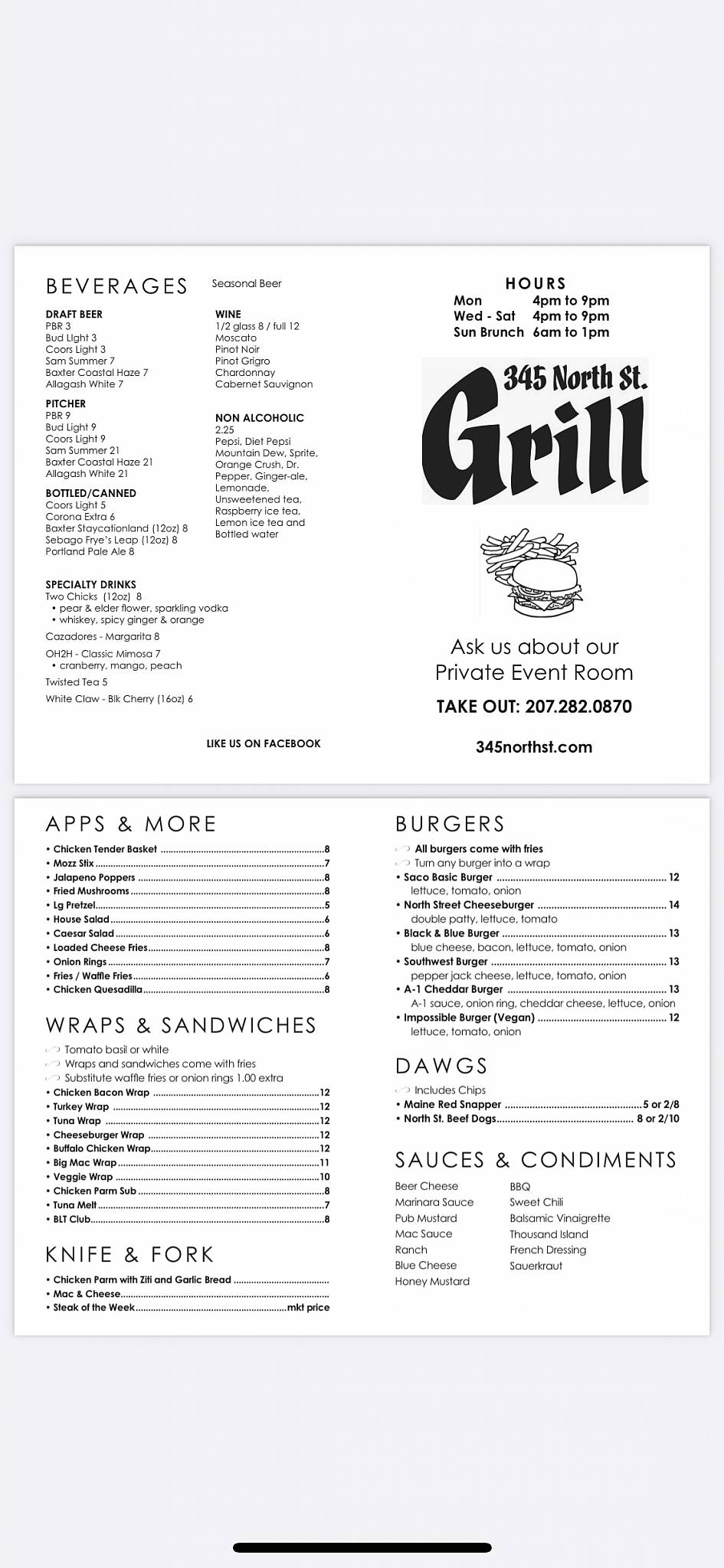 Carta del restaurante 345 north street grill, Saco