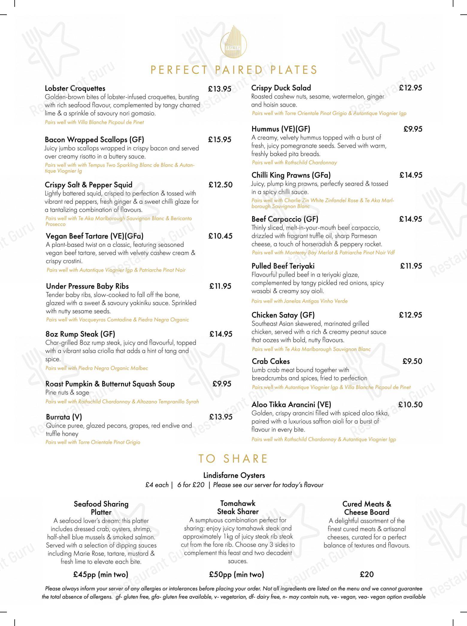 Menu at 3SIXTY Restaurant & Sky Bar, Newcastle upon Tyne