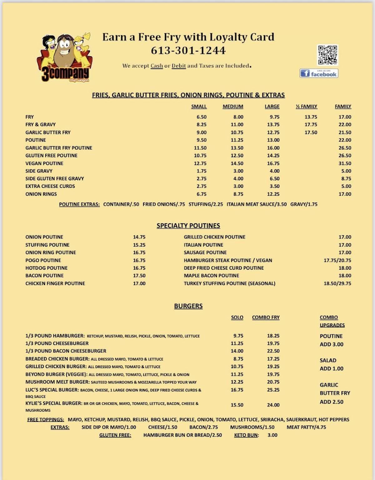 Menu at 3's Company Chip Wagon restaurant, Kemptville