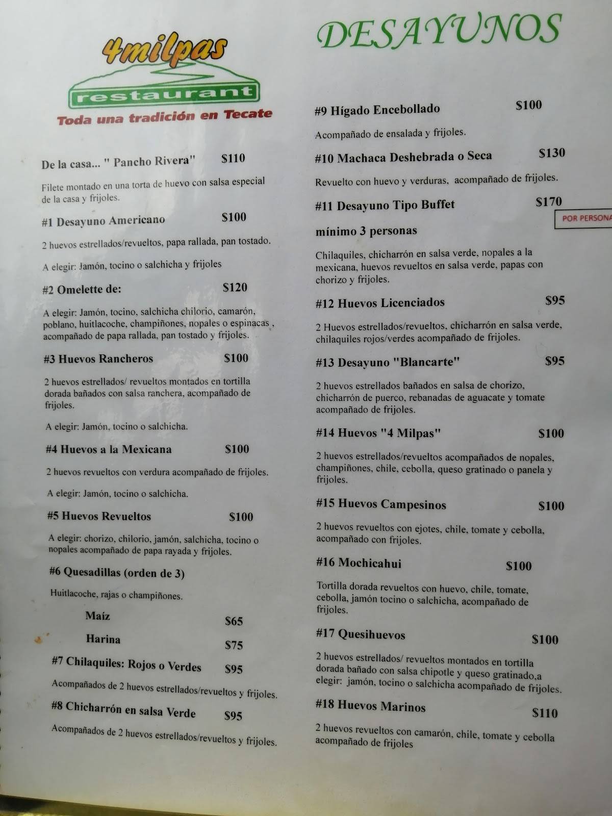 Carta de 4 Milpas Restaurant, Tecate