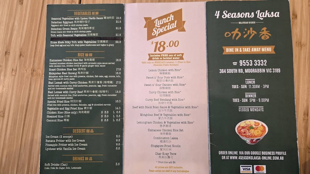 Menu at 4 Seasons Laksa restaurant, Hampton East